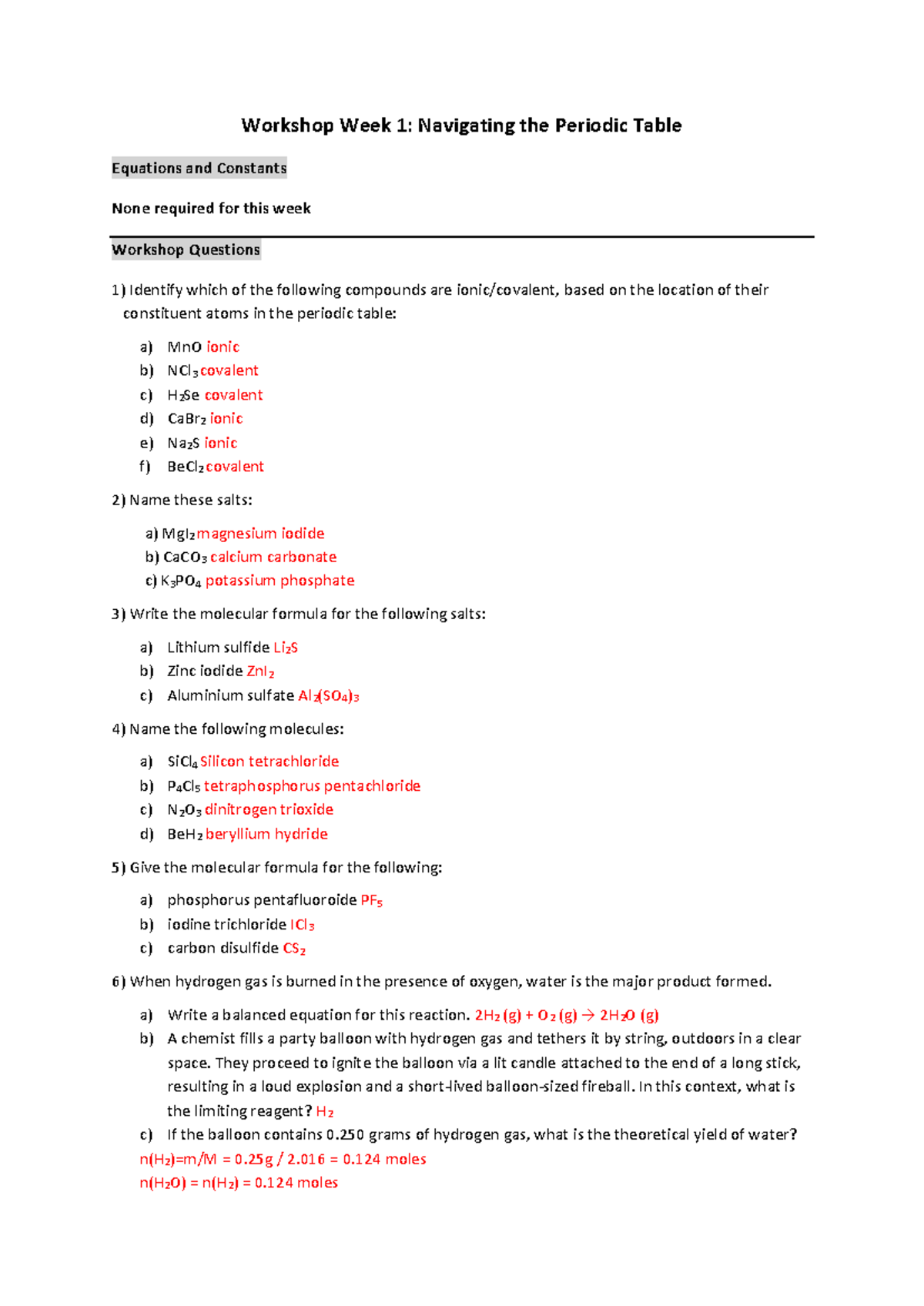 Workshop W1: Periodic Table Compounds & Reactions Answers - Studocu