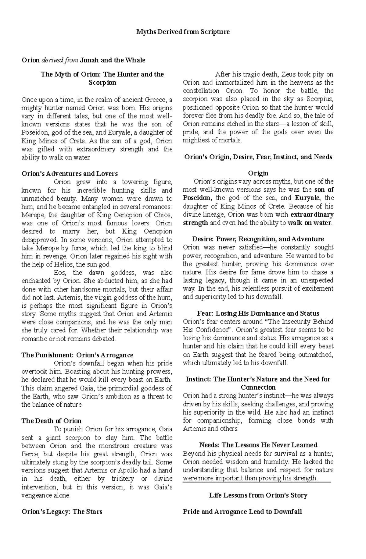 Myth of Orion: Lessons on pride and downfall in ancient tales - Studocu