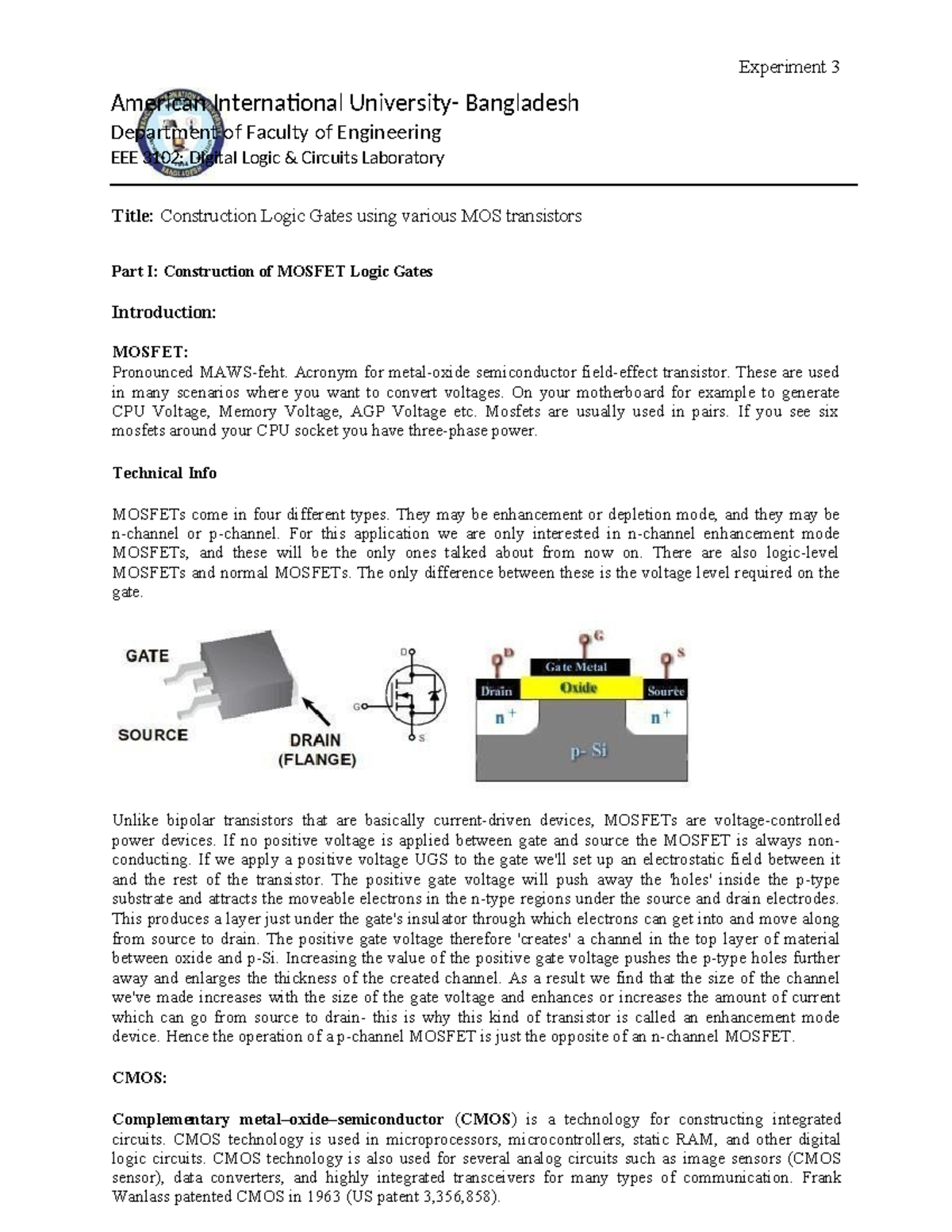 DLC 3102: Lab 06 - Construction of Logic Gates with MOSFETs - Studocu