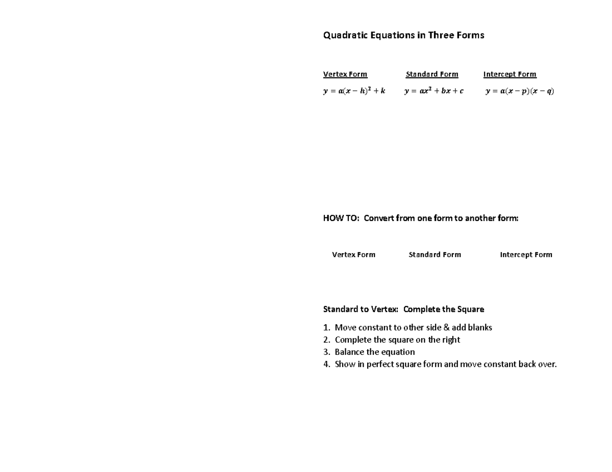 Quadratic Equations: Vertex, Standard & Intercept Forms Guide - Studocu