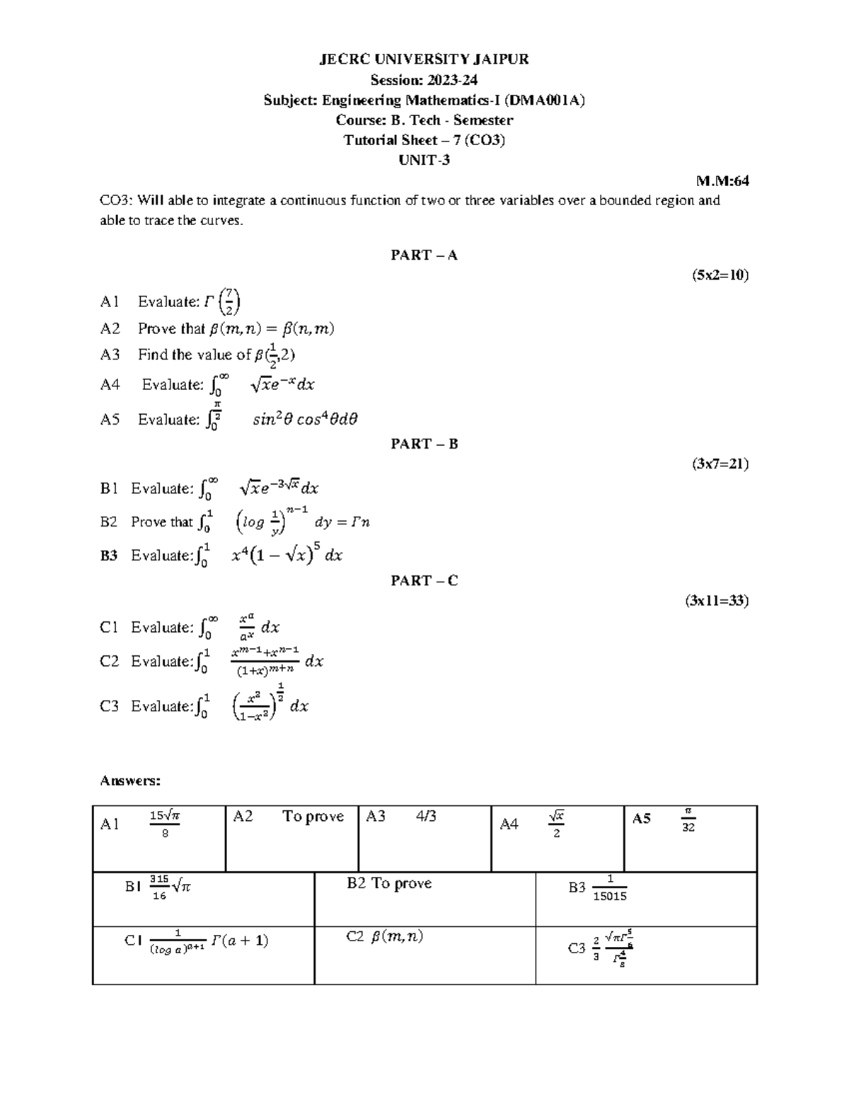 Tutorial Sheet 7 - B. Tech Engineering (DMA001A) - Studocu