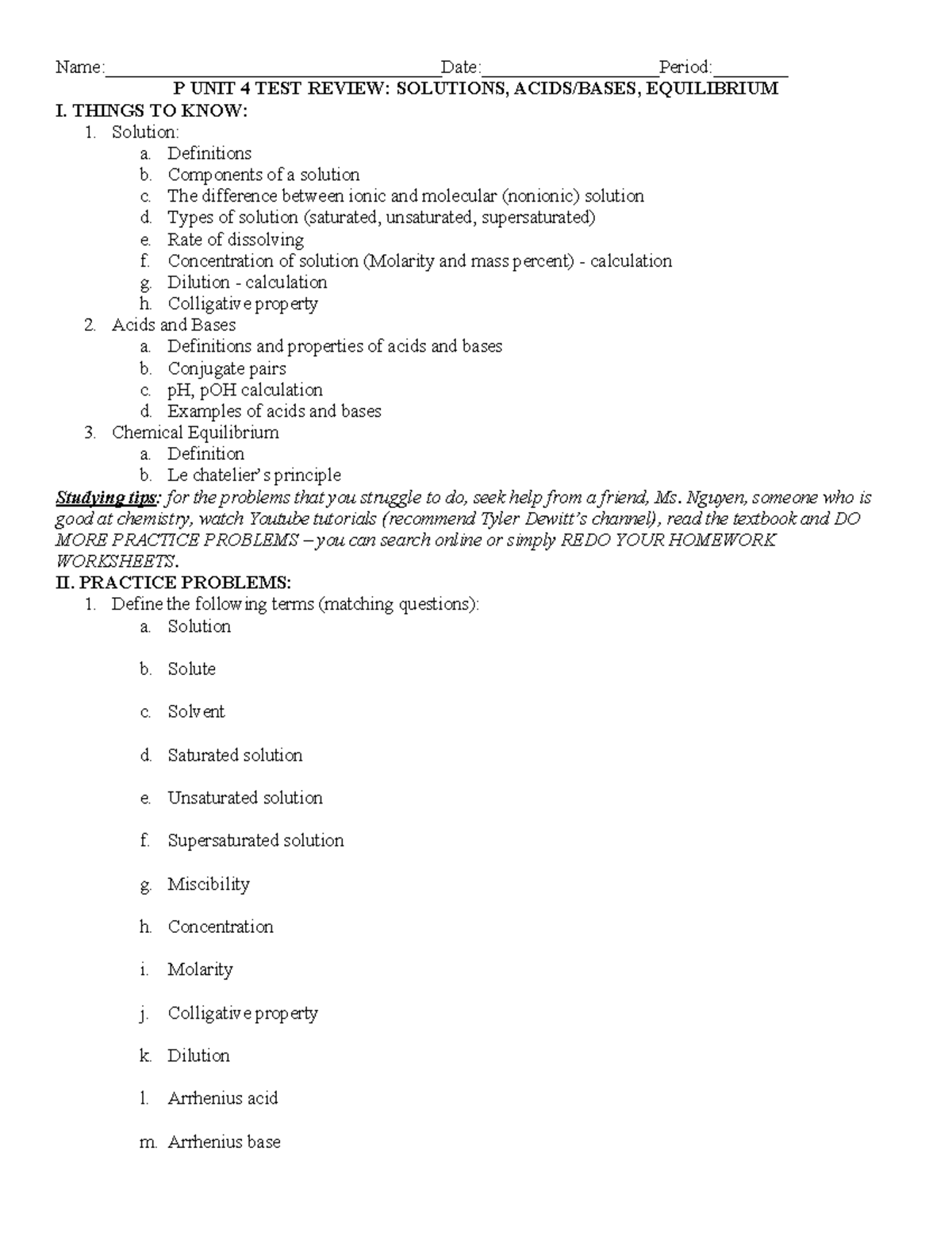 Unit 4 Test Review: Solutions, Acids/Bases, & Chem Equilibrium Study ...