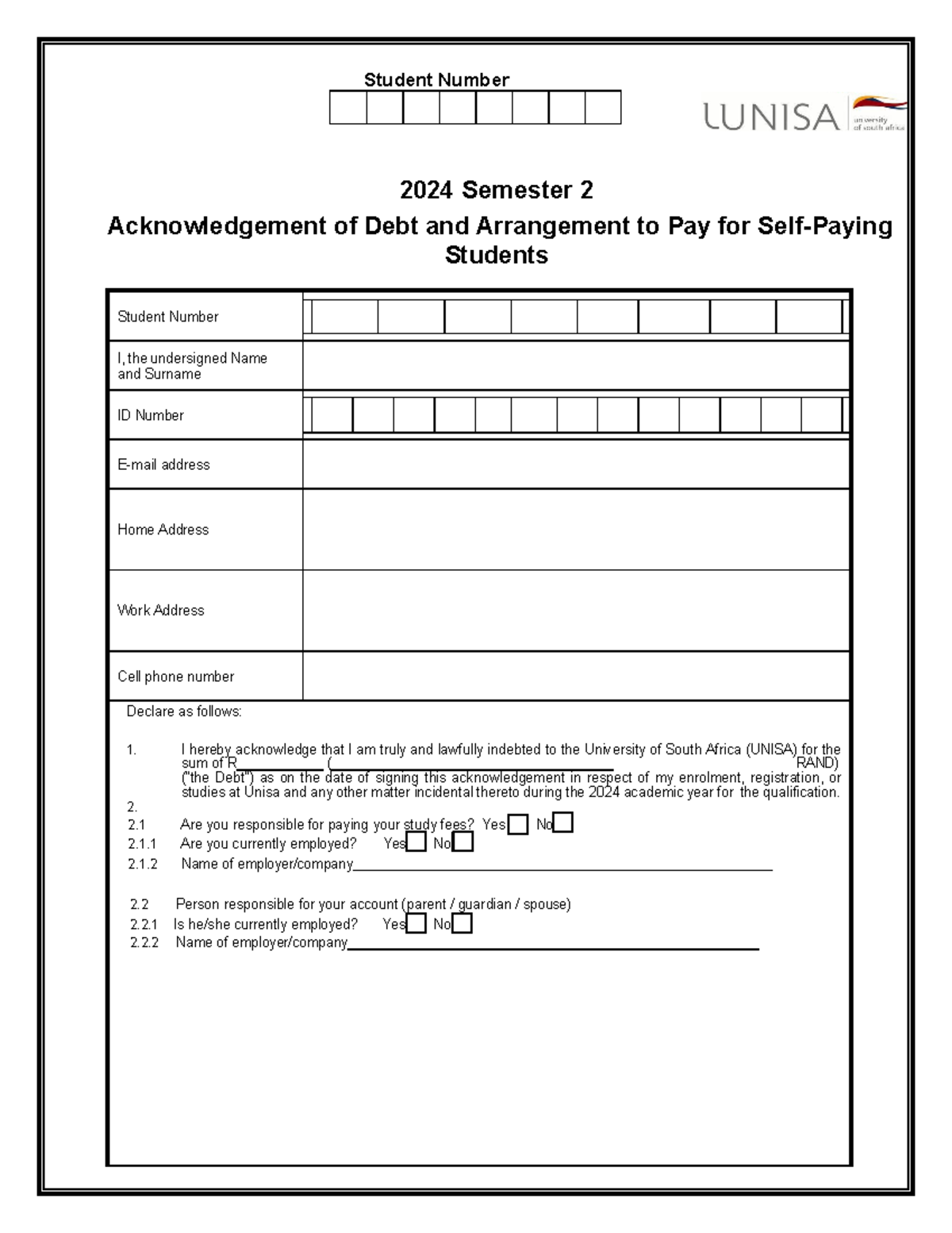 AOD Form 2024 - Semester 2: Acknowledgement of Debt and Payment ...