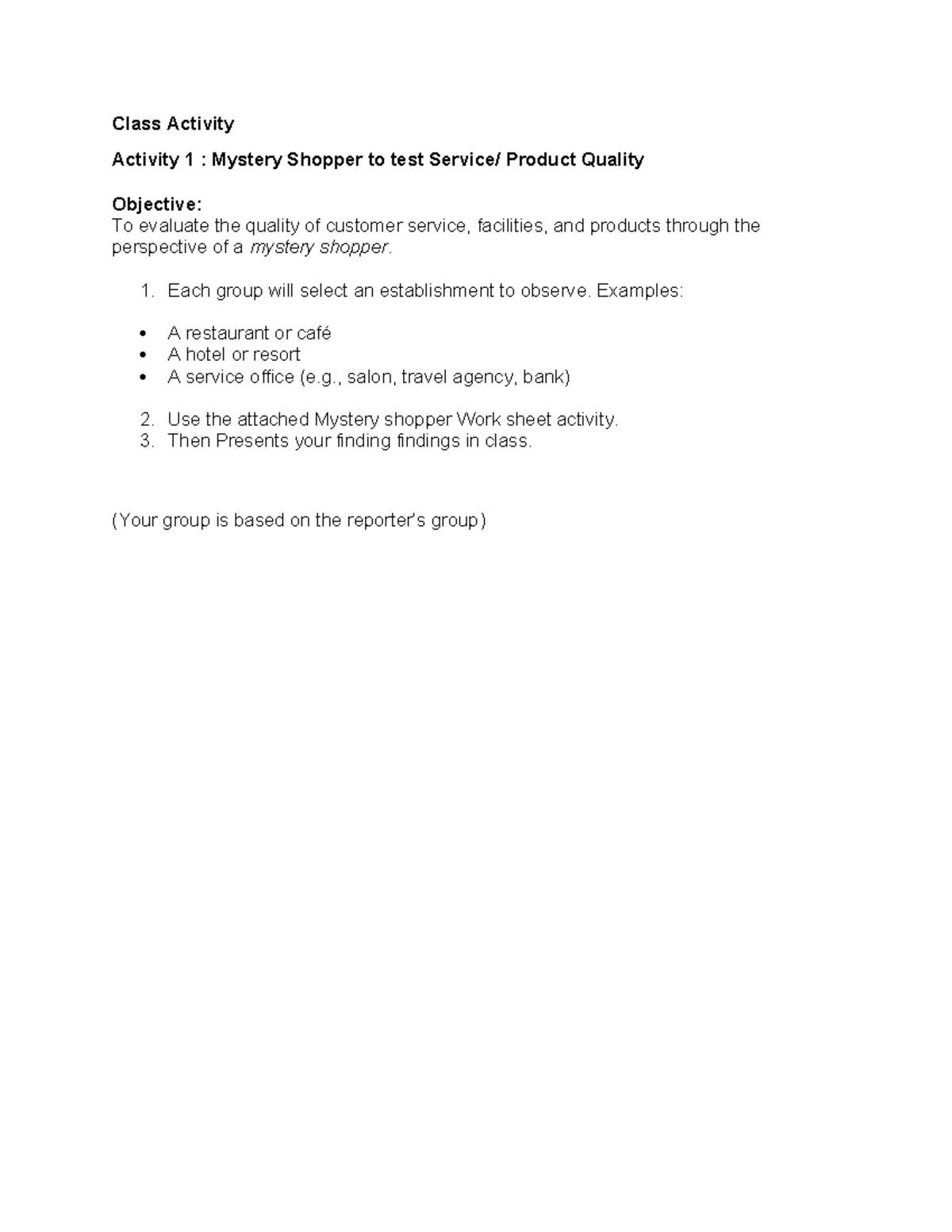 Activity 2Mystery shopper - Class Activity Activity 1 : Mystery Shopper ...