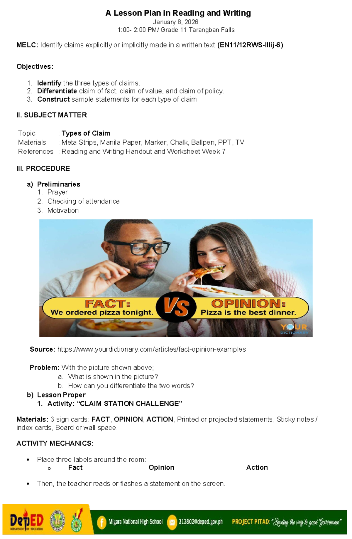 Grade 11 Lesson Plan: Understanding Claims in Reading & Writing - Studocu