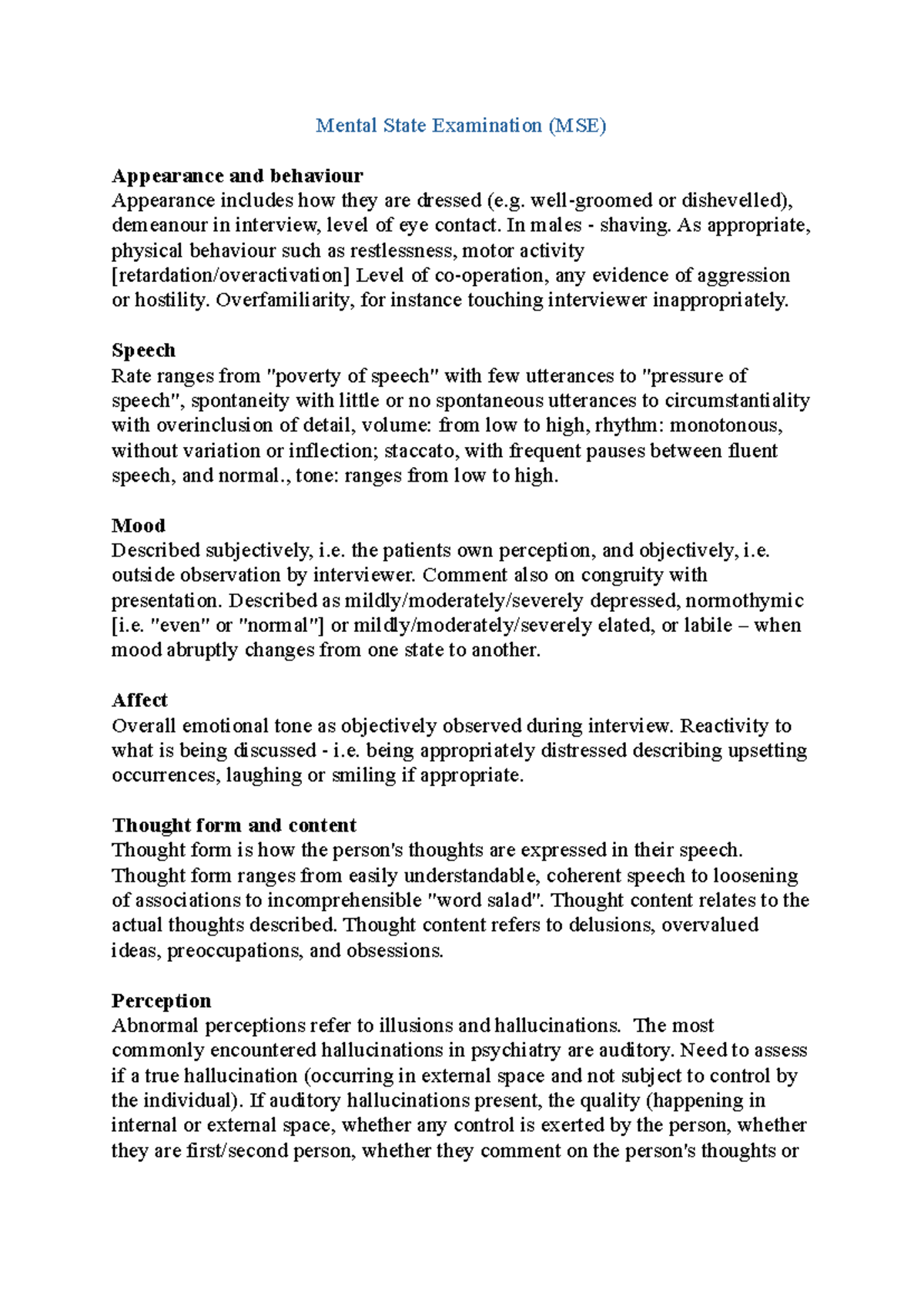 Mental State Examination (MSE) - Key Descriptors and Observations - Studocu