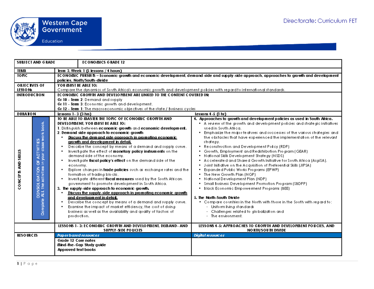 Economics Grade 12 Term 3 Week 1: Economic Growth & Development ...