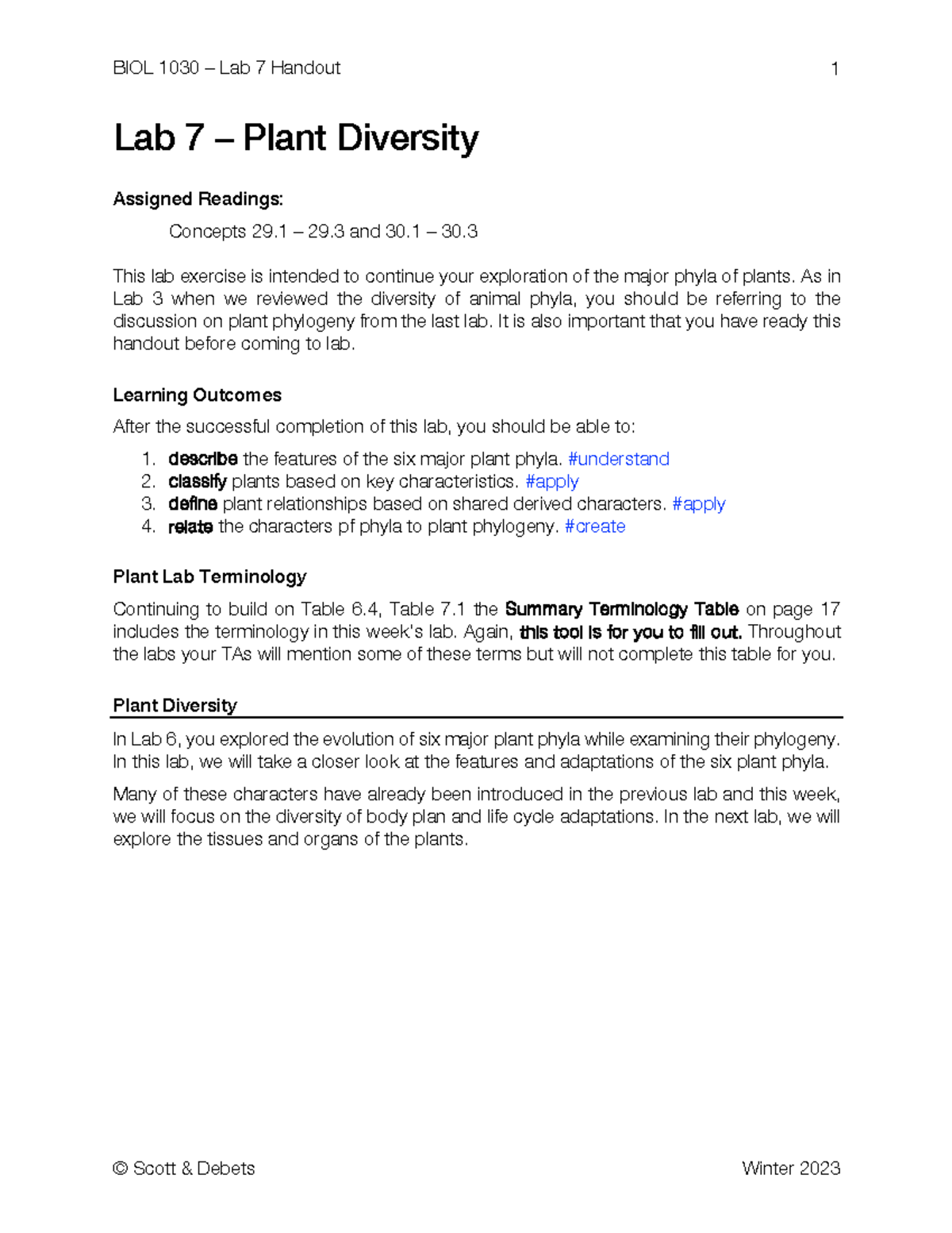 BIOL 1030 Lab 7 handout - exploring plant diversity and phyla - Studocu