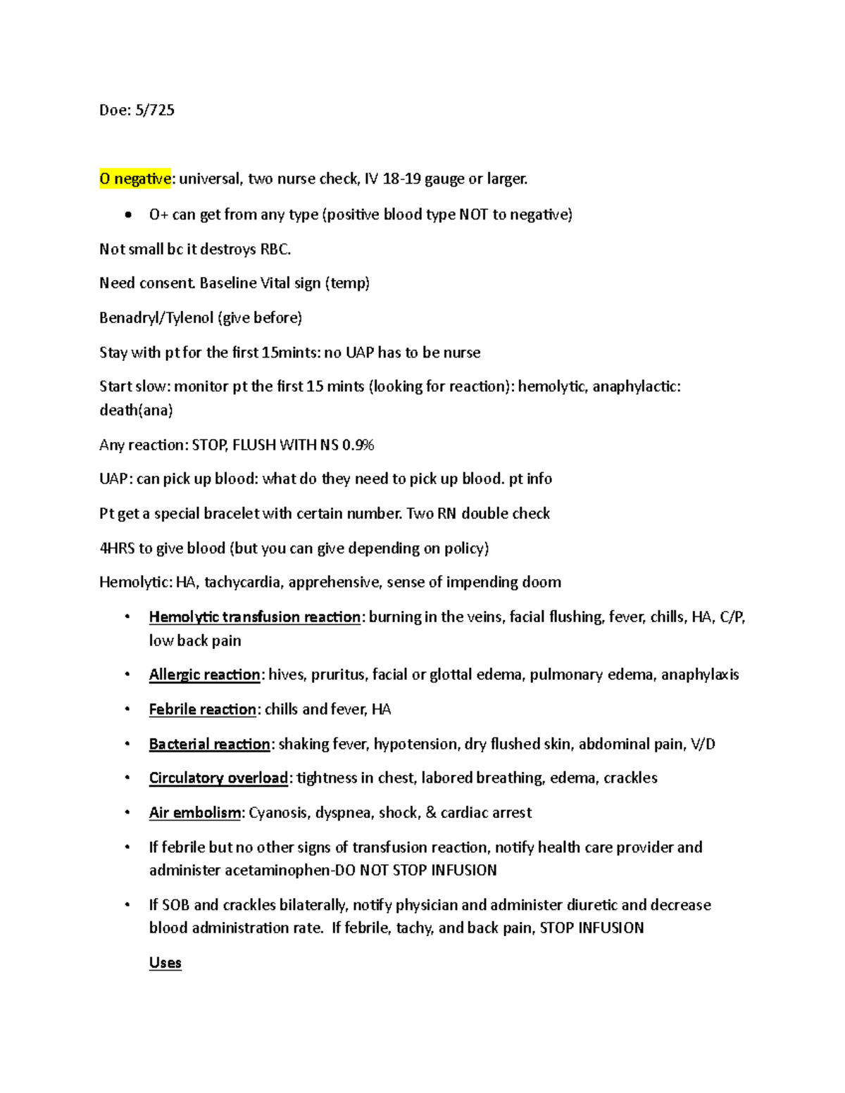 Nursing Notes for T123: Blood Transfusion & Patient Care Guidelines ...