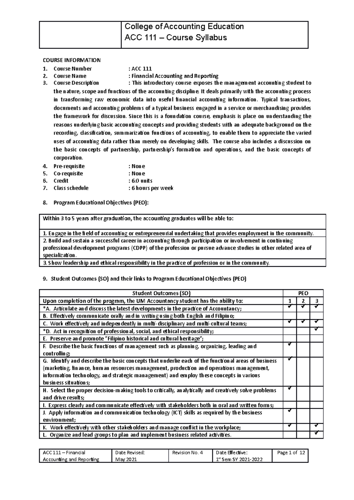 Syllabus for ACC 111 – Financial Accounting and Reporting (SY 2022-2023 ...