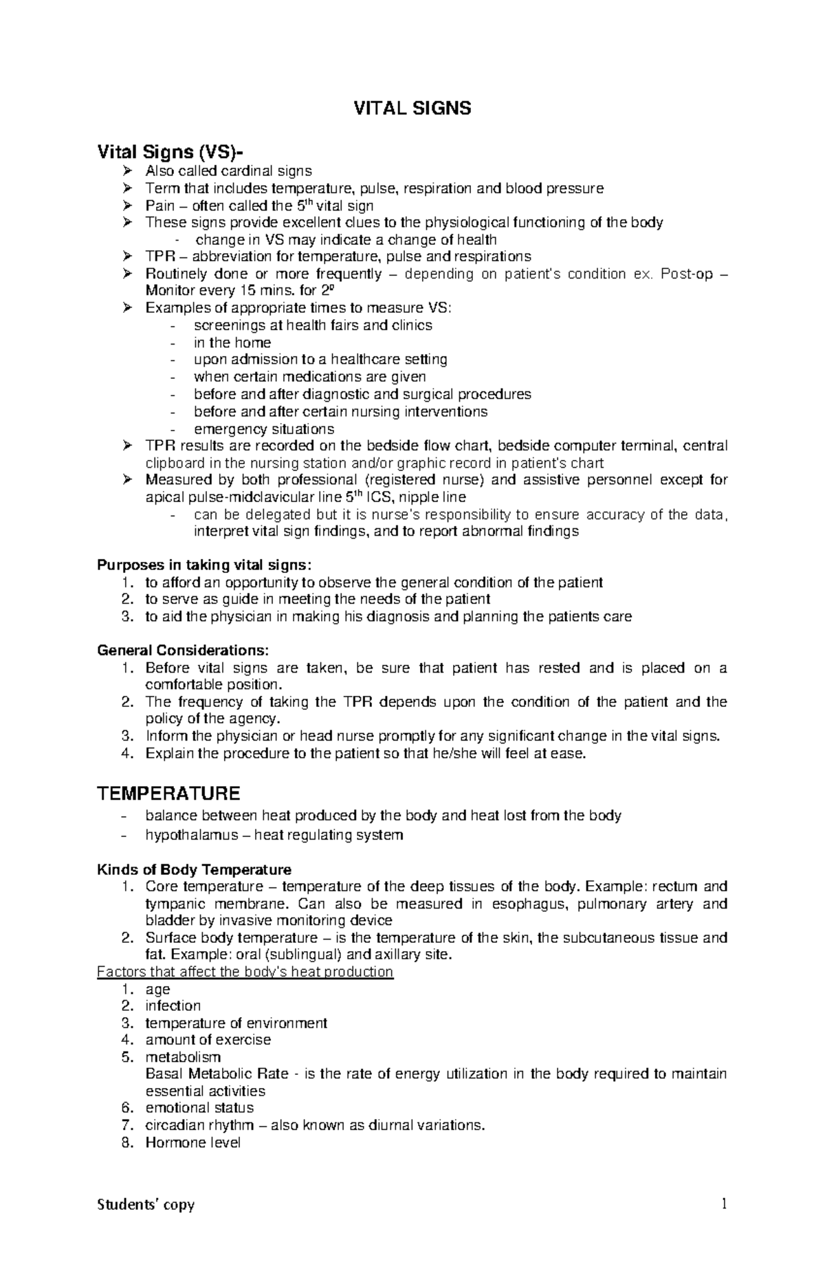 VS-1 Vital Signs: Comprehensive Review Guide for Nursing Students - Studocu