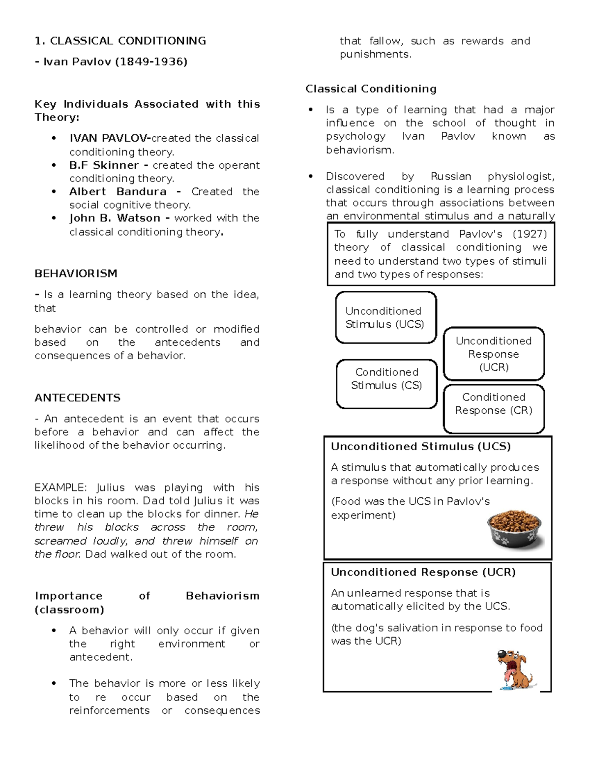 Classical Conditioning and Behaviorism: Key Theories and Concepts (LE2 ...