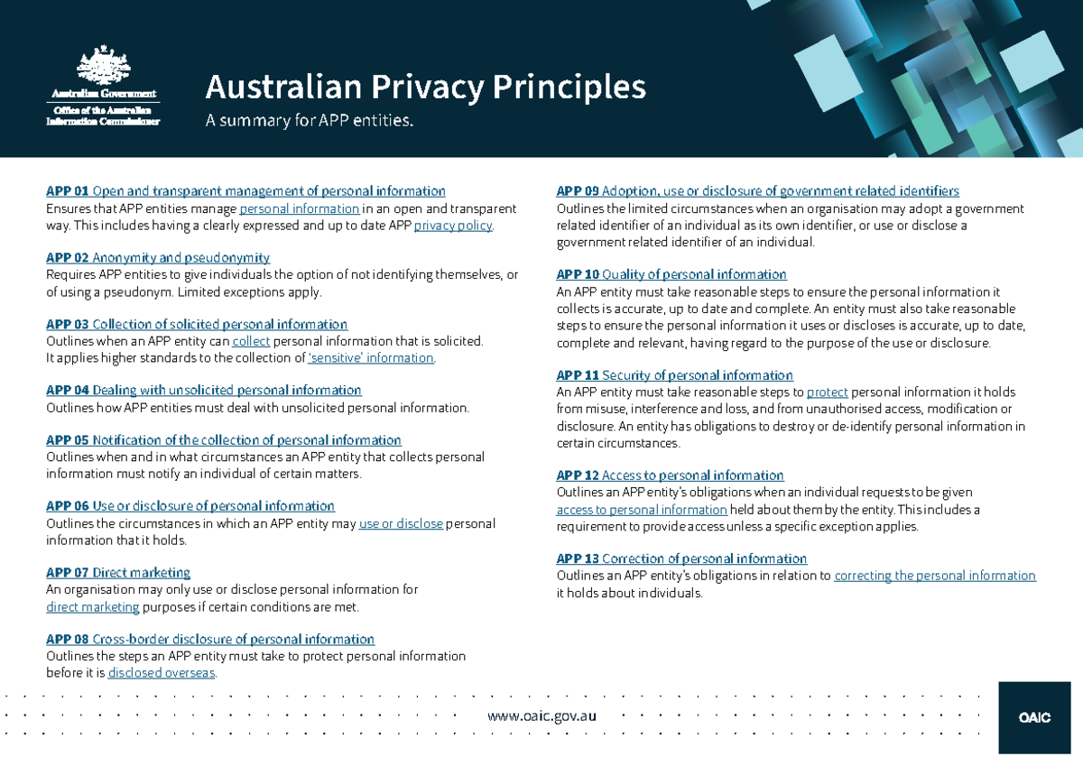APP Quick Reference Tool: Summary of Australian Privacy Principles ...
