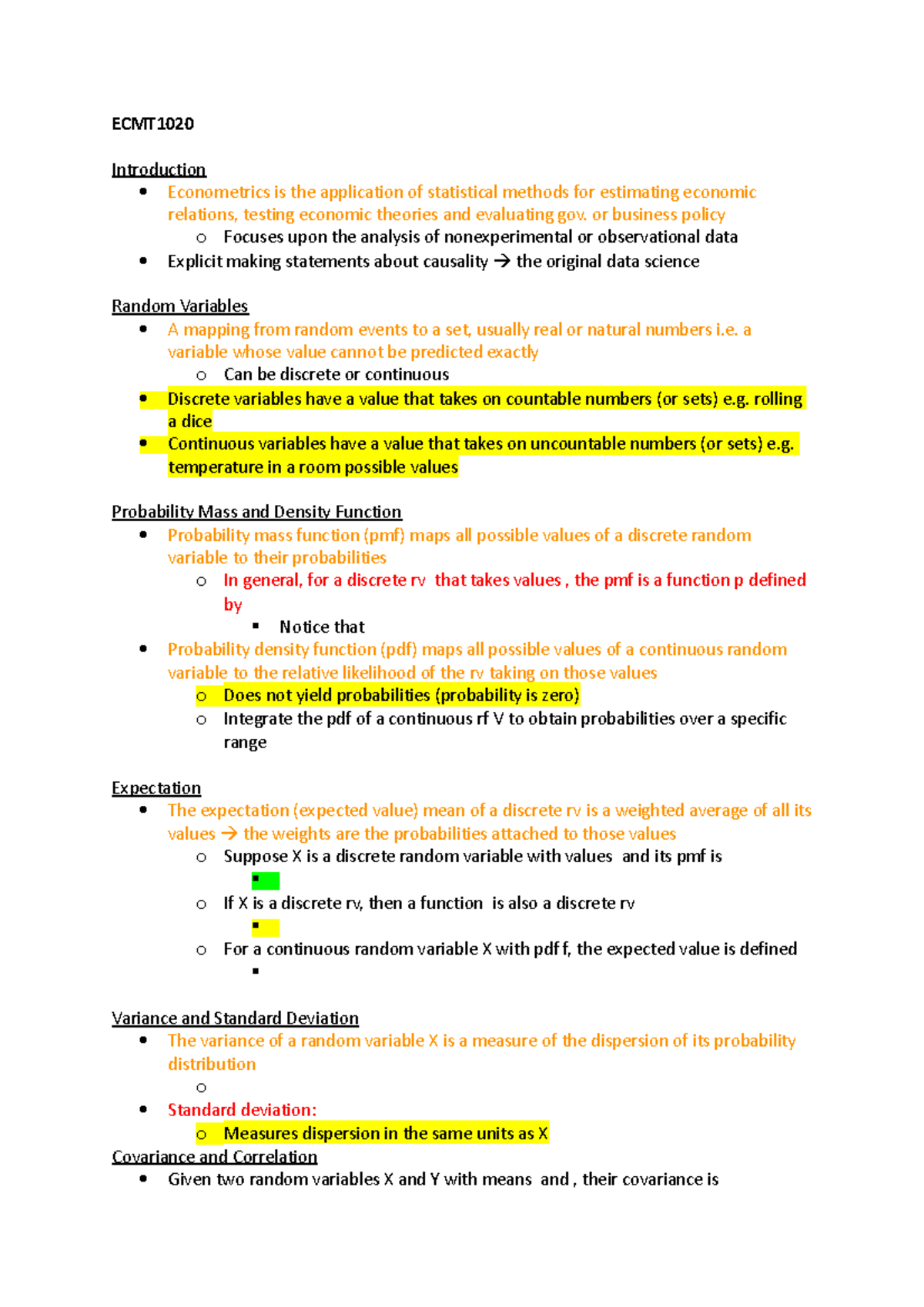 ECMT1020 Econometrics Notes: Key Concepts and Models Explained - Studocu