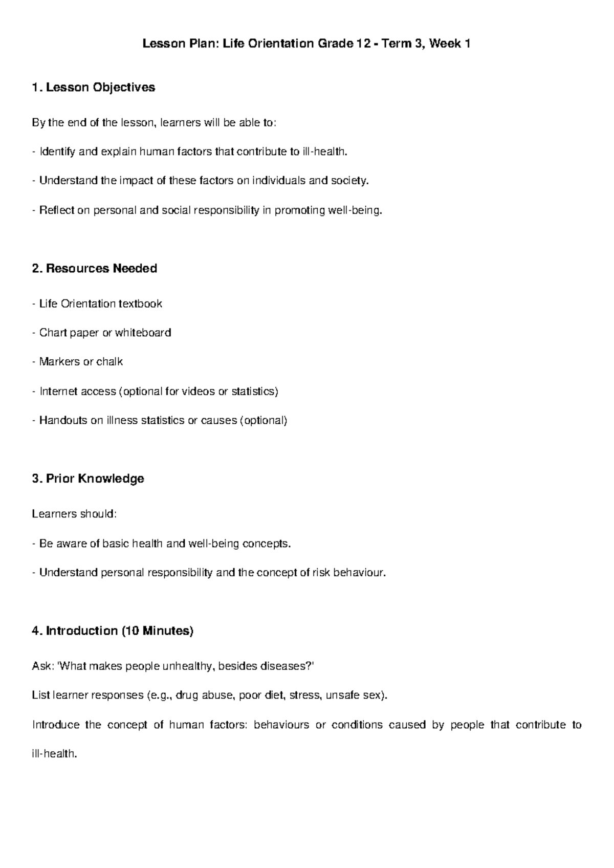 Lesson Plan: Life Orientation Grade 12 LO Term 3 Week 1 - Studocu