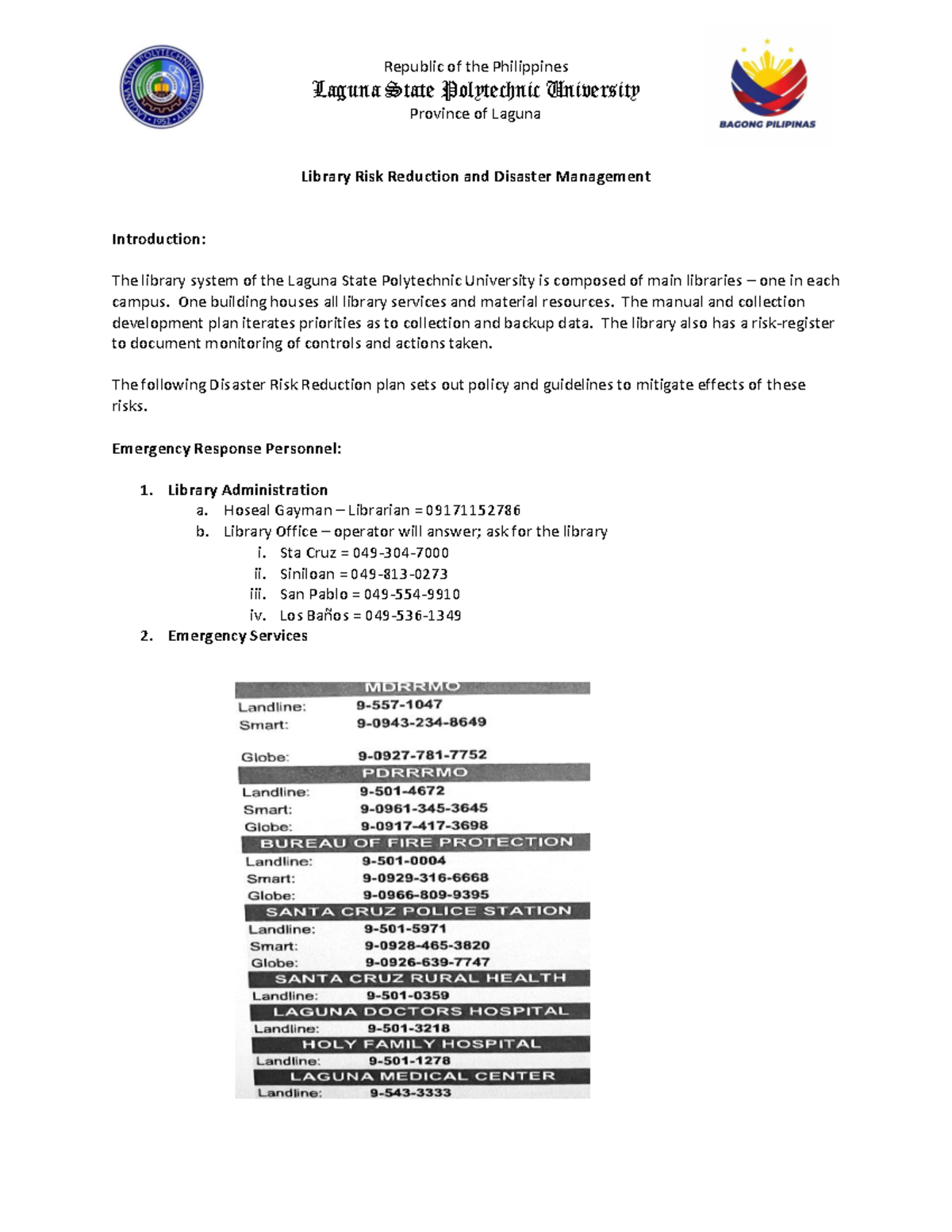 Library Risk Reduction and Disaster Management - Laguna State ...
