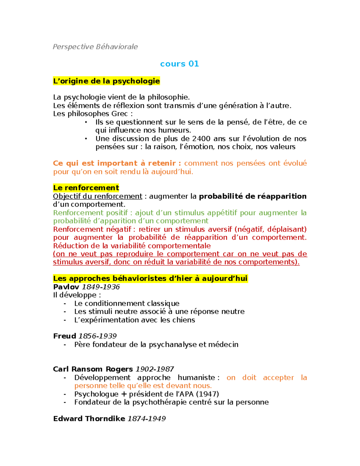 PB- Exam 01 - préparation pour l'Examen 1 - Perspective Béhaviorale ...