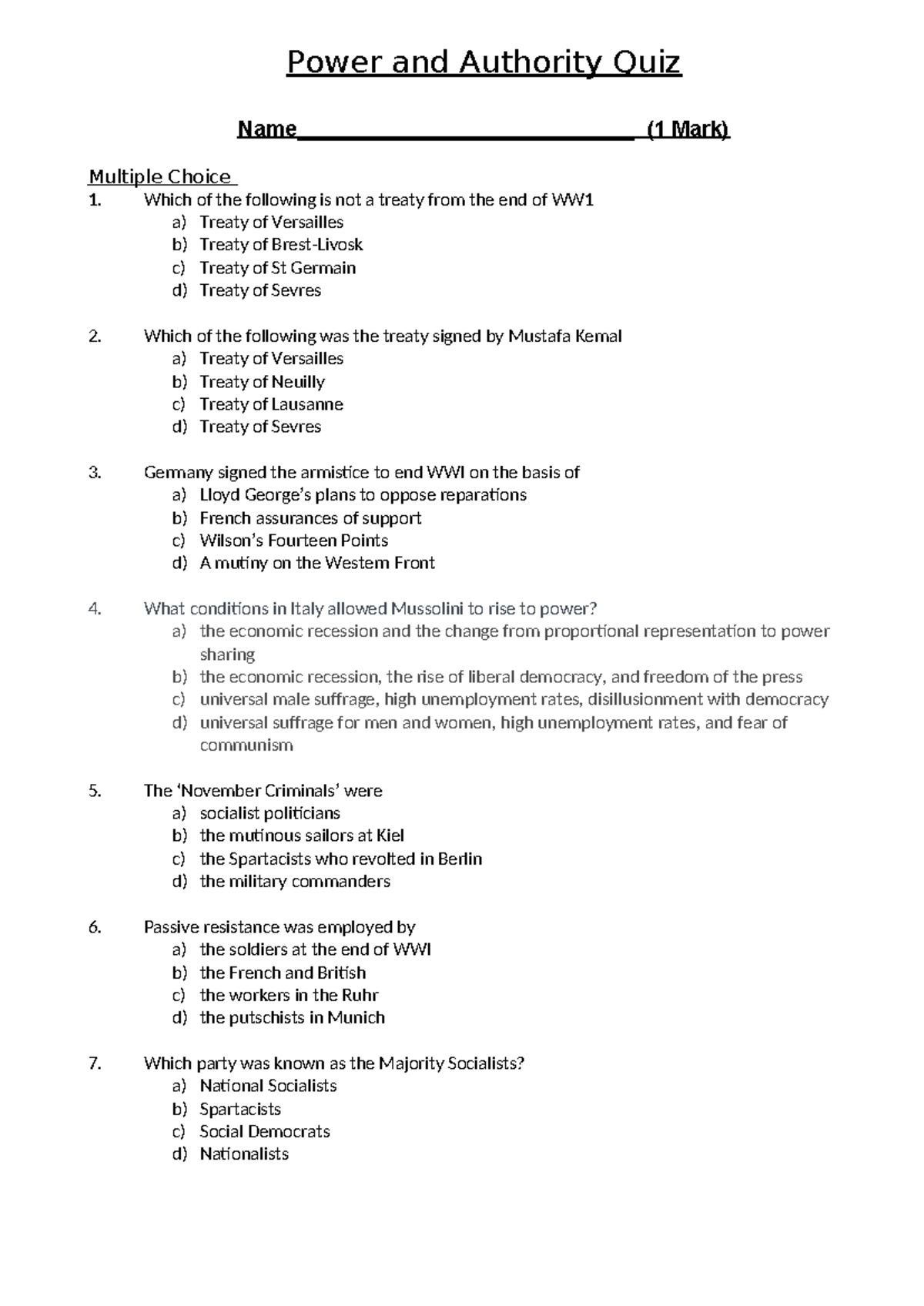 Power and Authority Quiz (2018) - Key Concepts and Questions - Studocu