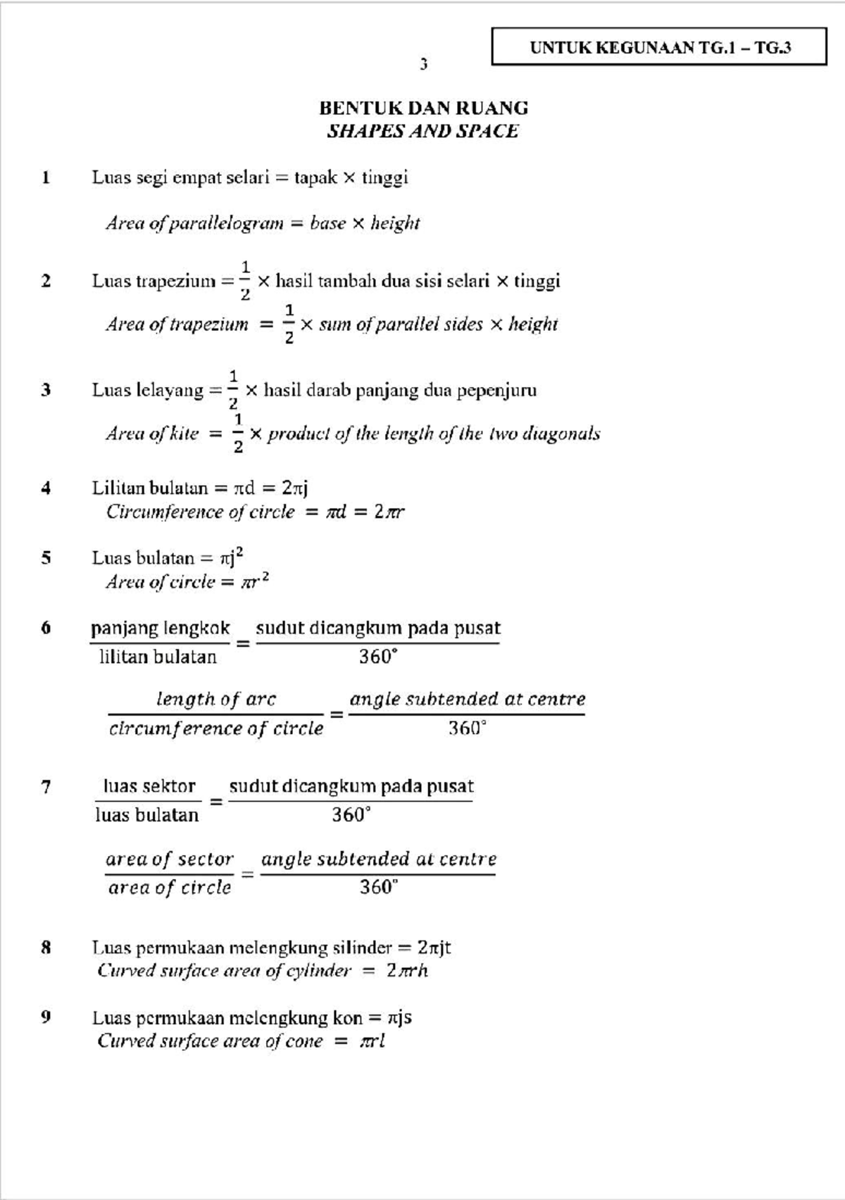 TG.1 - TG.3: Formula Luas dan Isi Padu Geometri - Studocu