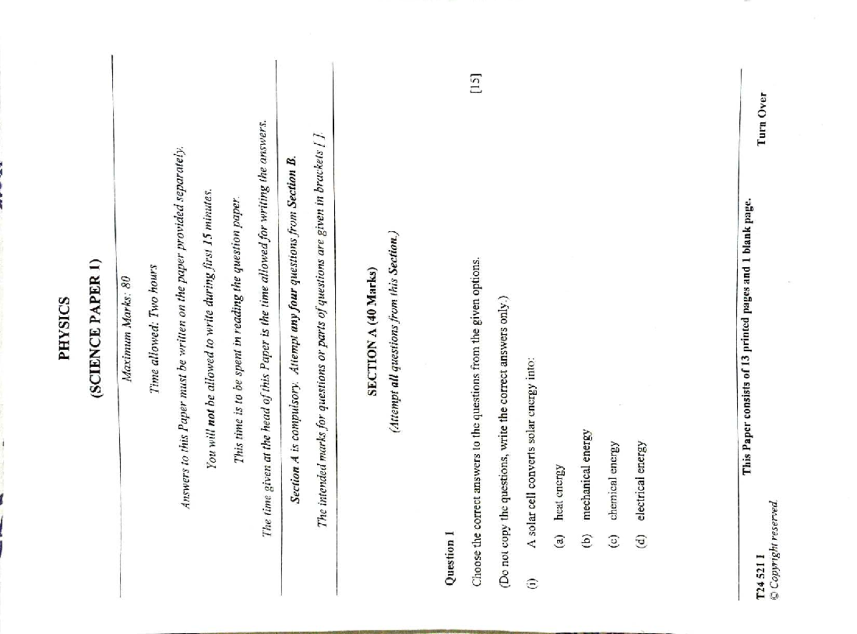 ICSE Physics Practice Paper - 521 I T24 - Studocu