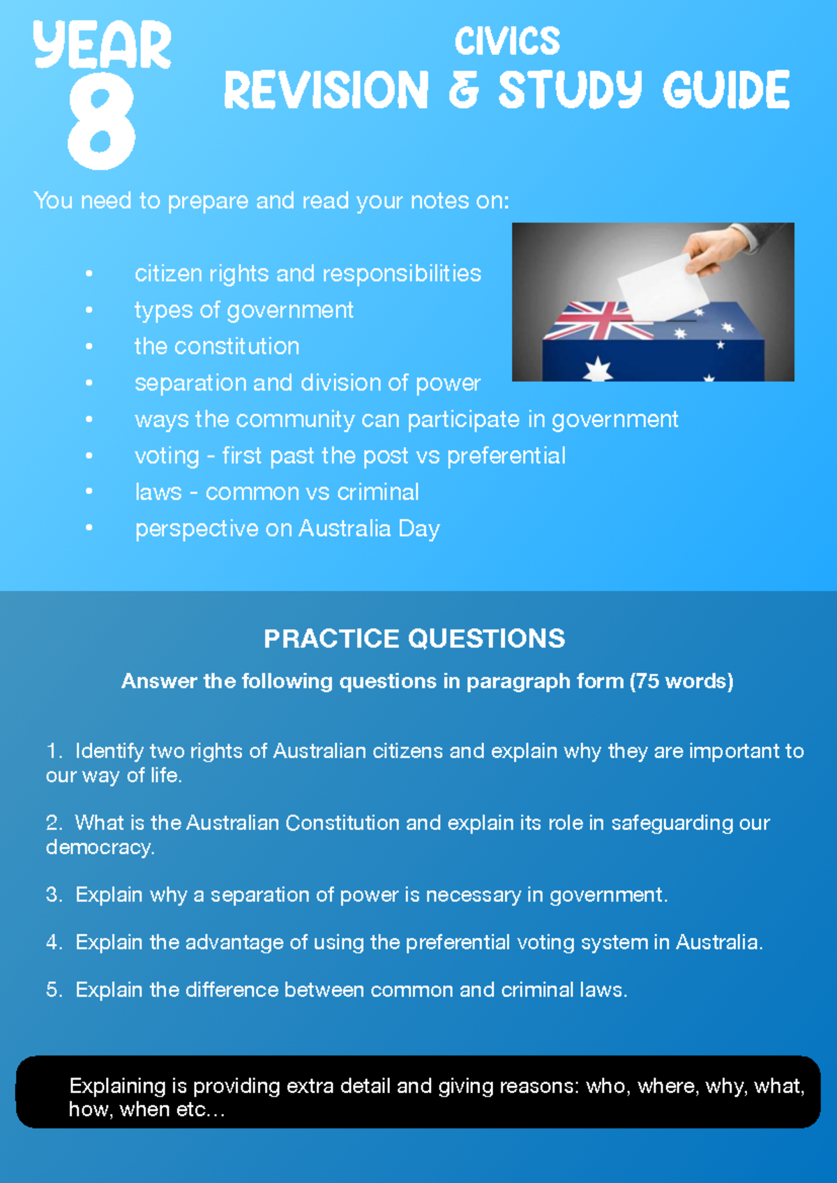 YEAR 8 CIVICS REVISION STUDY GUIDE: Rights, Government & Laws - Studocu