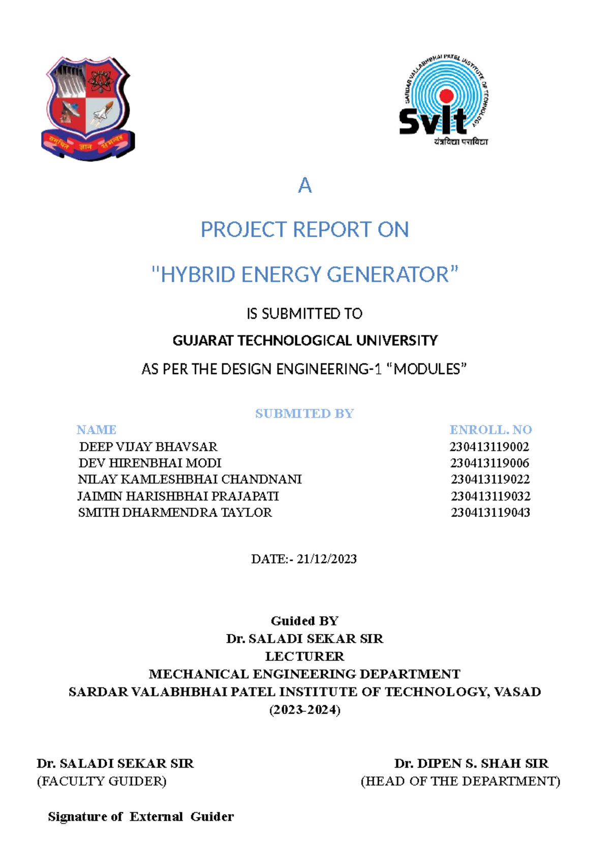 Design Engineering Report: Renewable Energy Project for GTU - Studocu