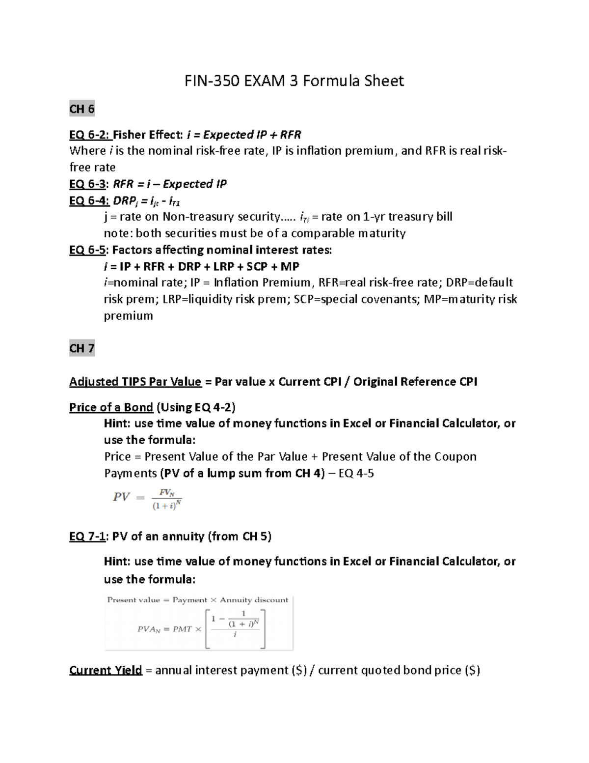 FIN350 Exam 3 Condensed Formula Sheet for Key Topics and Equations ...