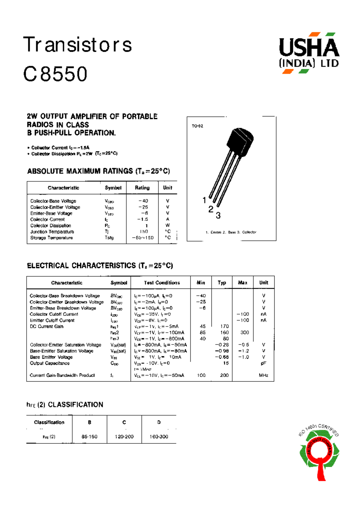 C8550 Transistor Data Sheet for Class B Amplifier Operation - Studocu