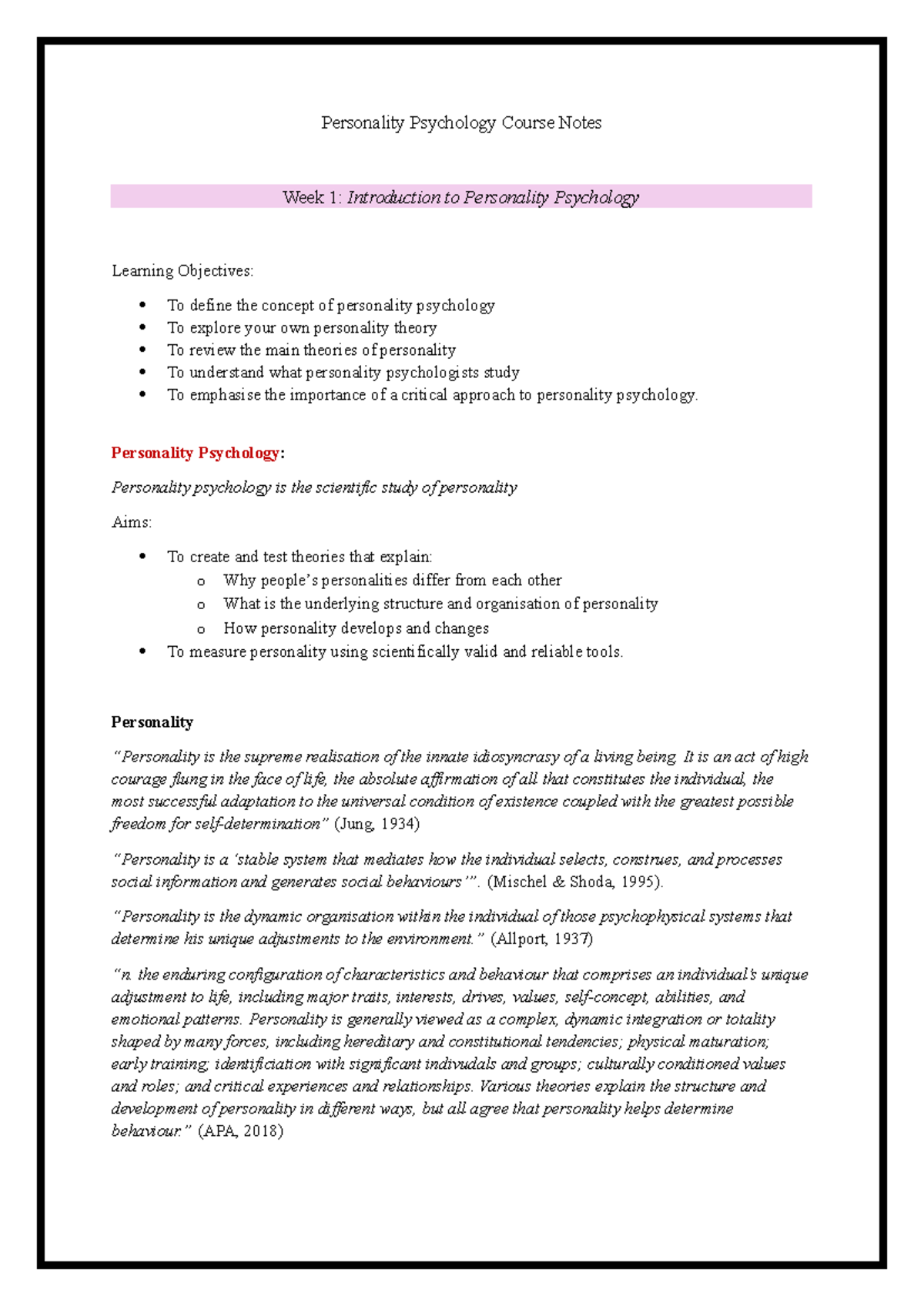 Personality Psychology Course Notes: Week 1 & 2 Overview - Studocu