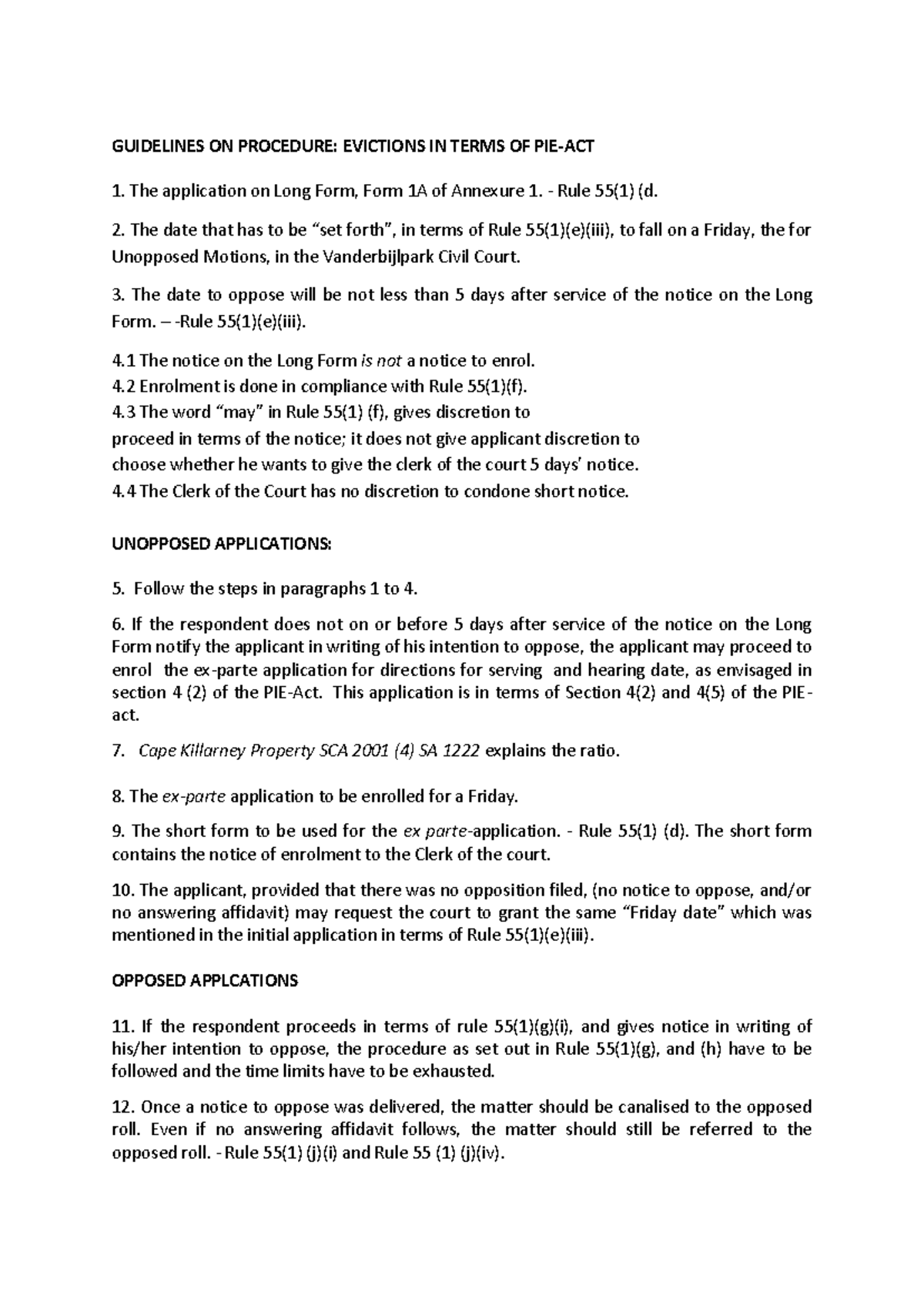 Guidelines on Eviction Procedures: Rule 55 in Vanderbijlpark - Studocu
