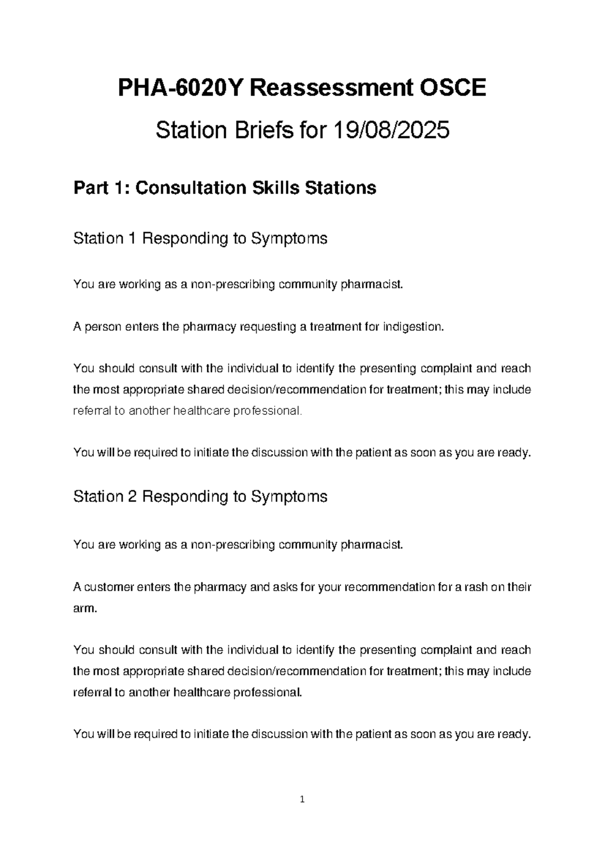 PHA-6020Y Reassessment OSCE Station Briefs: Consultation & Clinical ...