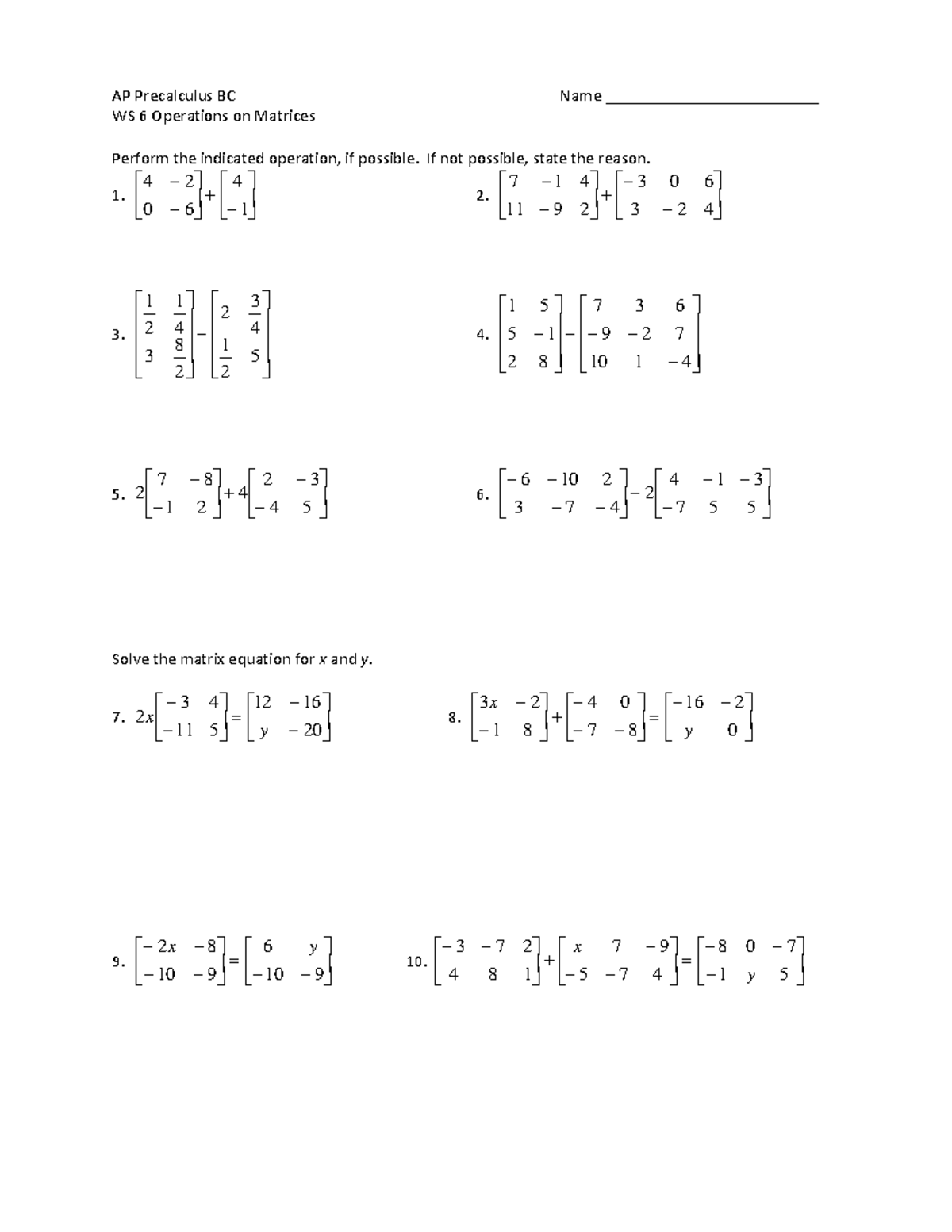 AP Precalculus BC WS 6: Matrix Operations and Solutions - Studocu
