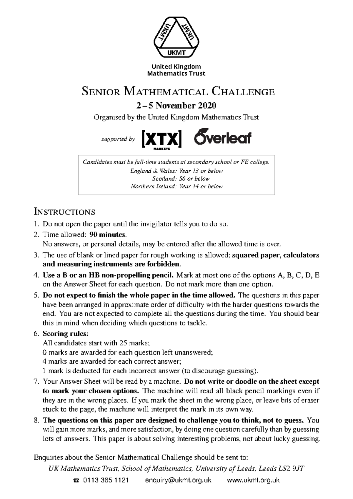 UKMT 2020 - Senior Mathematical Challenge Past Paper - Studocu