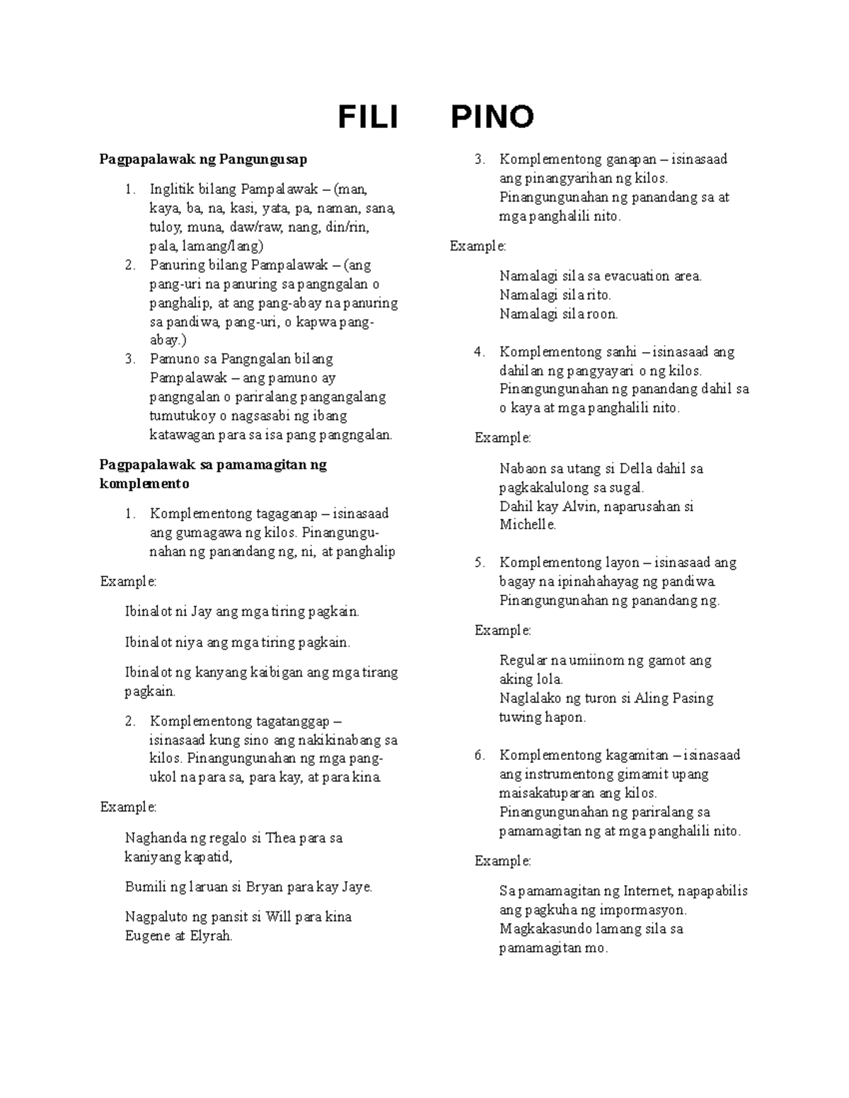 Grade ten notes - FILI Pagpapalawak ng Pangungusap Inglitik bilang ...