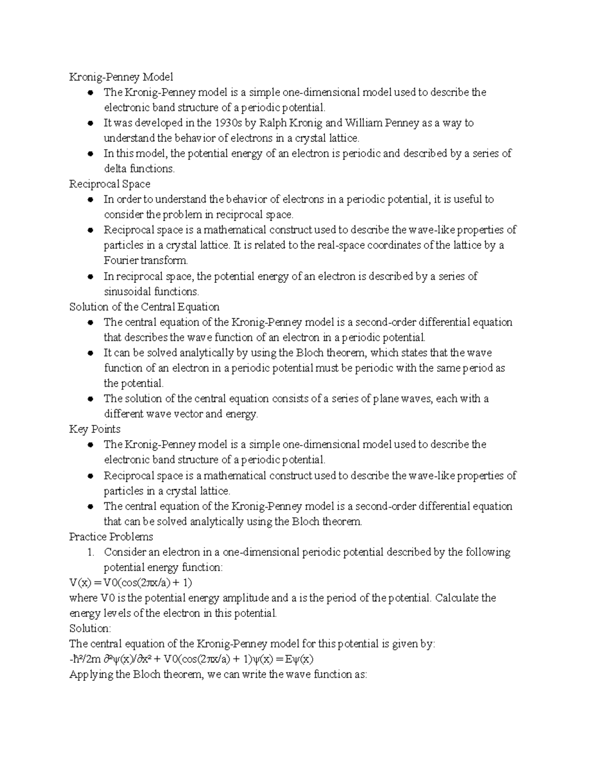 Kronig-Penney Model: Chapter 10.1 Notes and Practice Problems - Studocu