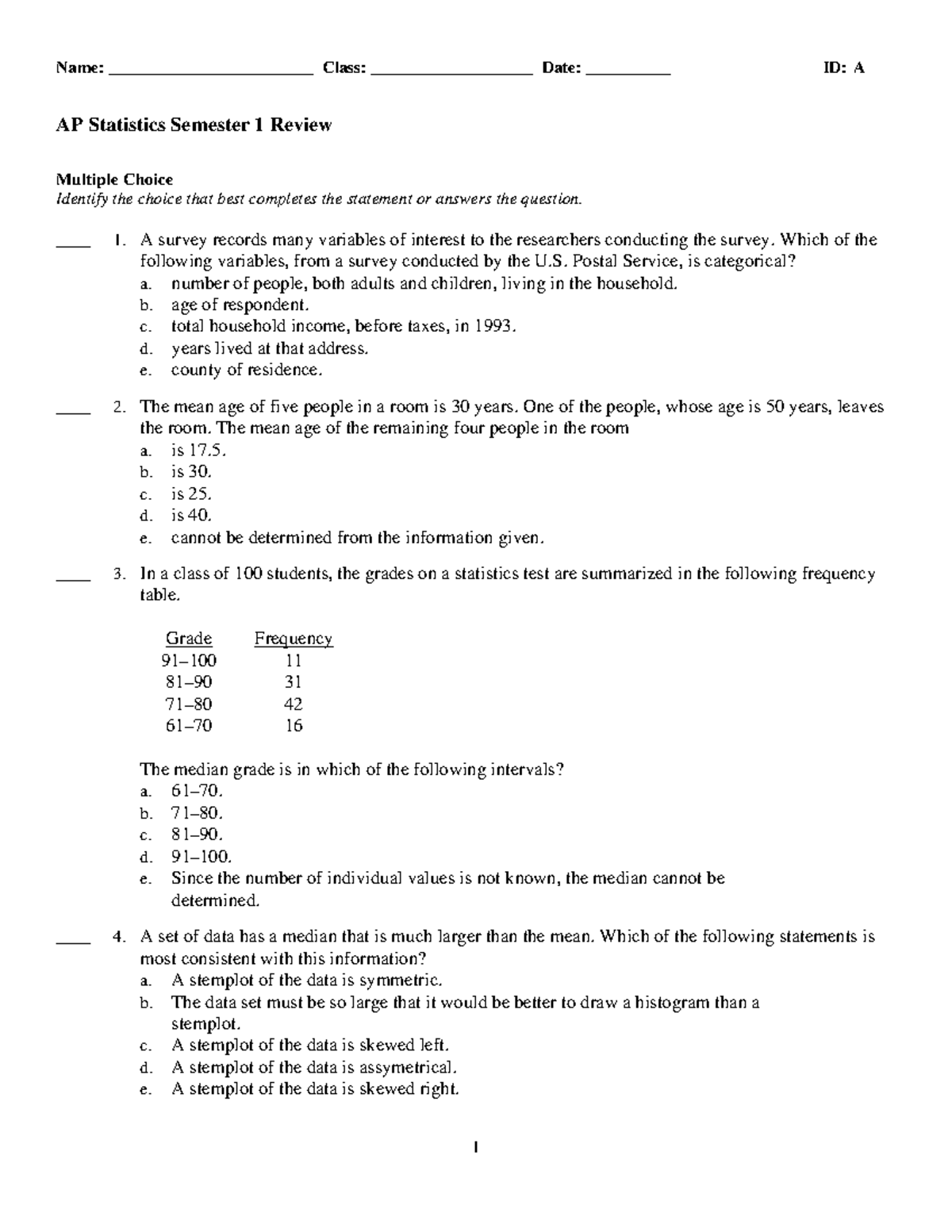 AP Statistics (A) Semester 1 Multiple Choice Review - Studocu