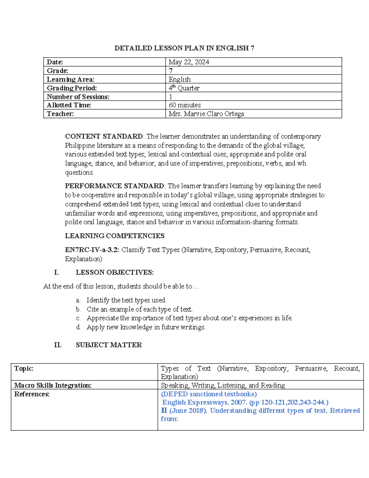 Detailed Lesson Plan for English 7: Text Types Overview - Studocu