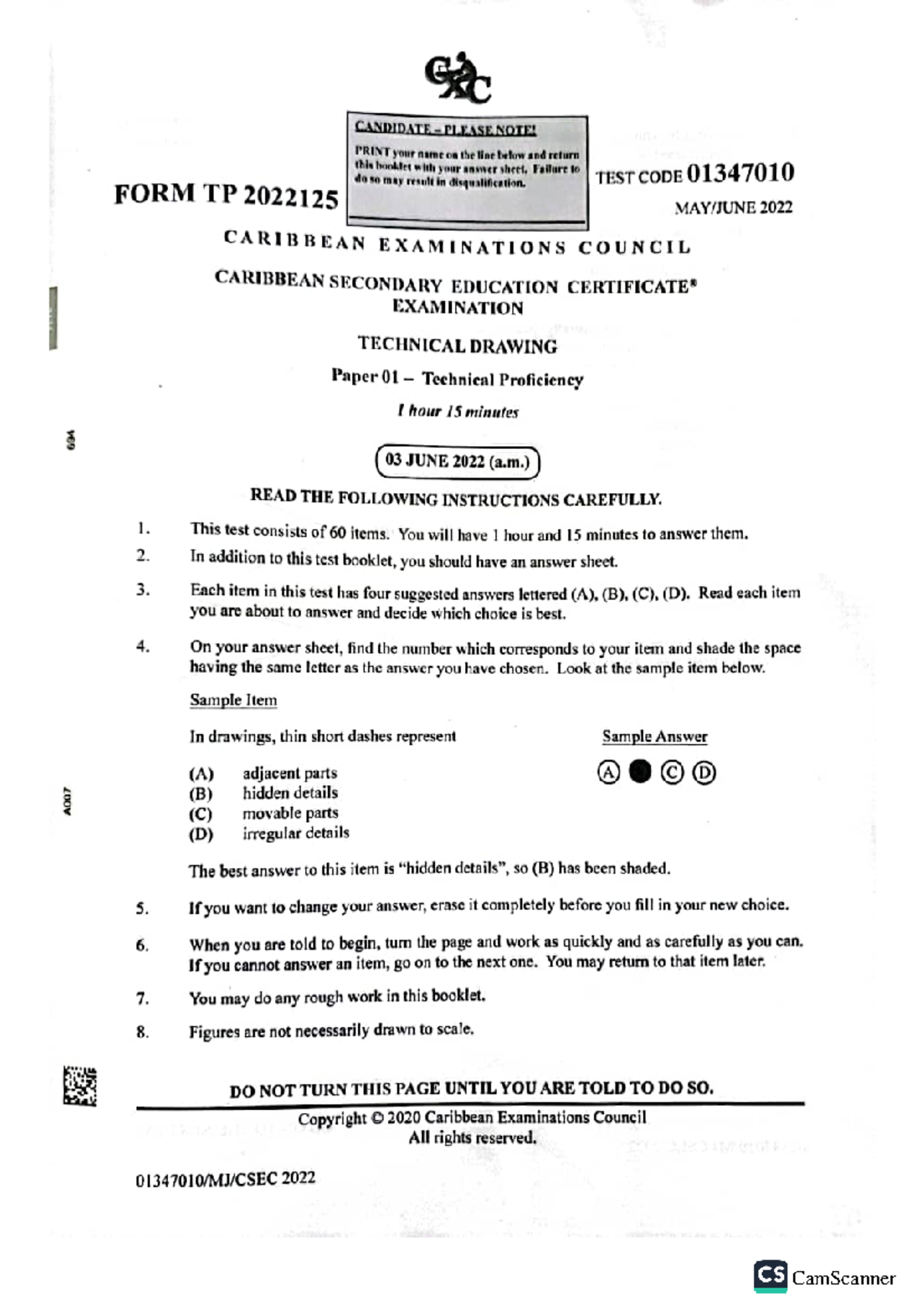 Technical Drawing Paper 01 - CSEC Exam - June 2022 (Test Code: 01347010 ...