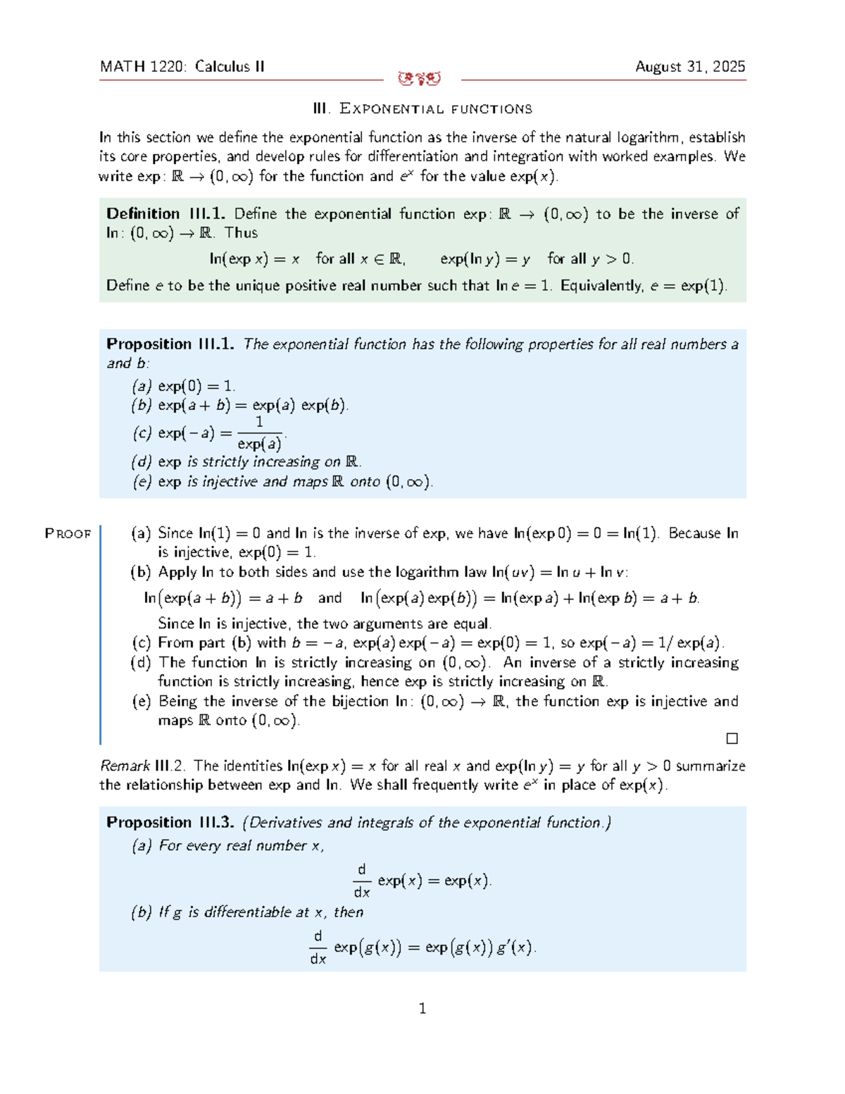 MATH 1220: Calculus II - Exponential Functions & Derivatives - Studocu