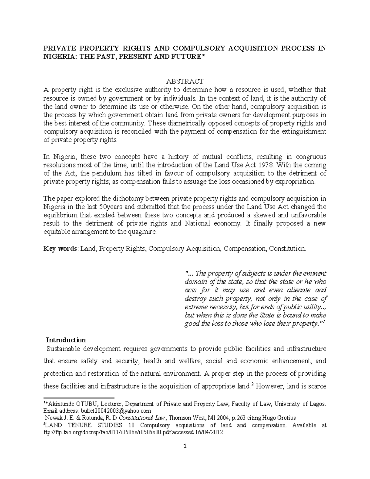 Private Property Rights AND Compulsory A - PRIVATE PROPERTY RIGHTS AND ...