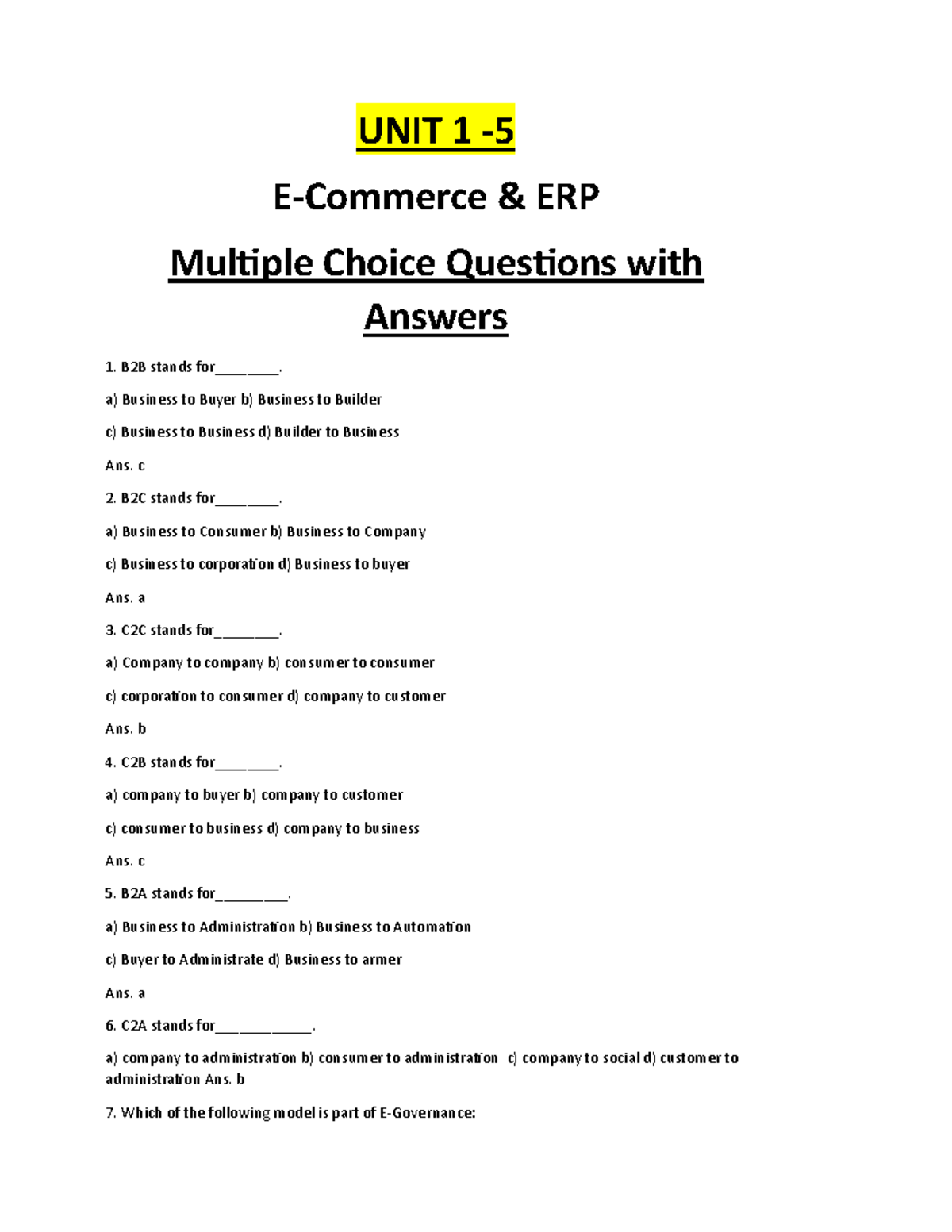 Mcq Erp 160 E Commerce Unit 1 5 E Commerce And Erp Multiple Choice Questions With Answers
