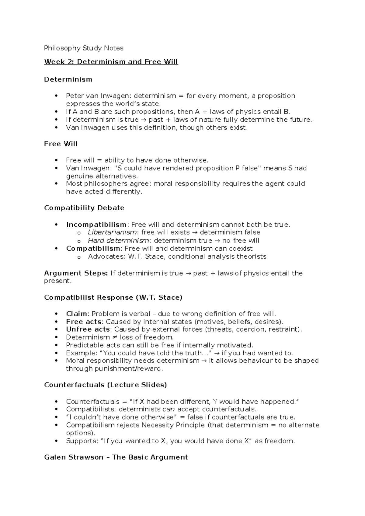 PHIL1004 Week 2 Study Notes: Determinism, Free Will & Compatibilism ...