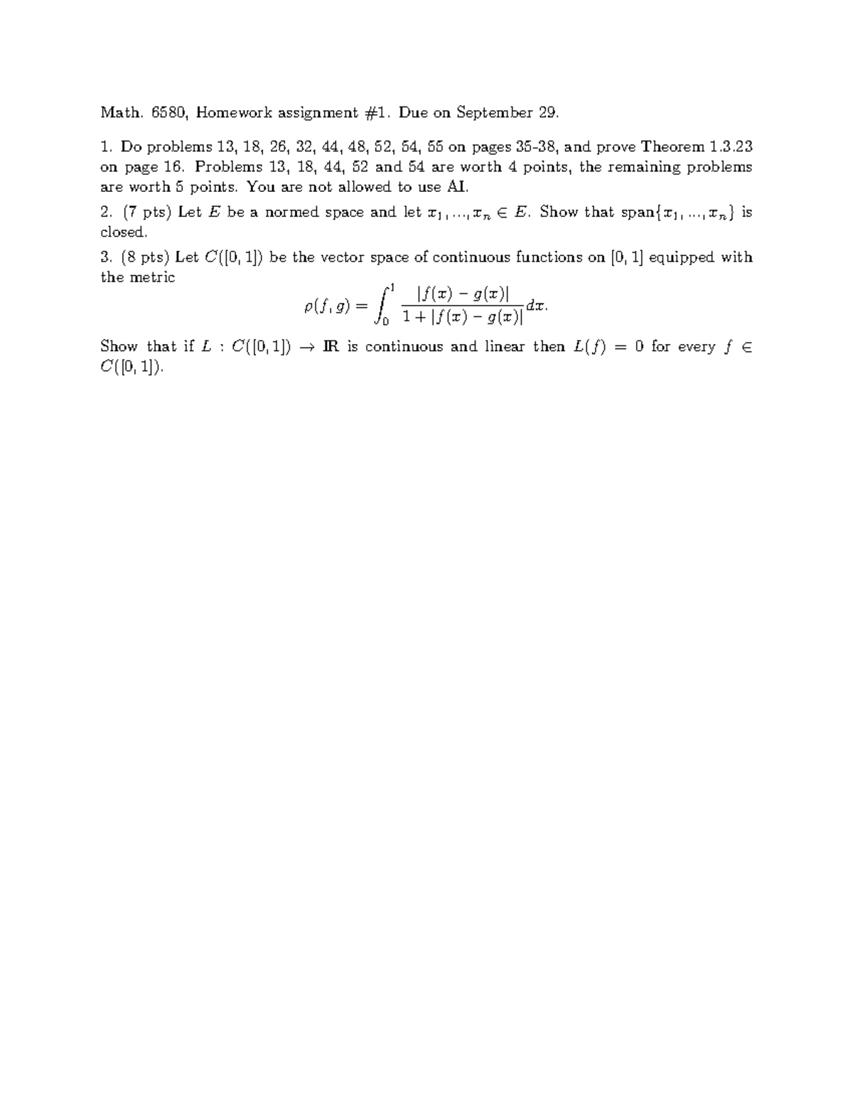 Math 6580: Homework Assignment Due Sept 29 - Problems & Theorems - Studocu