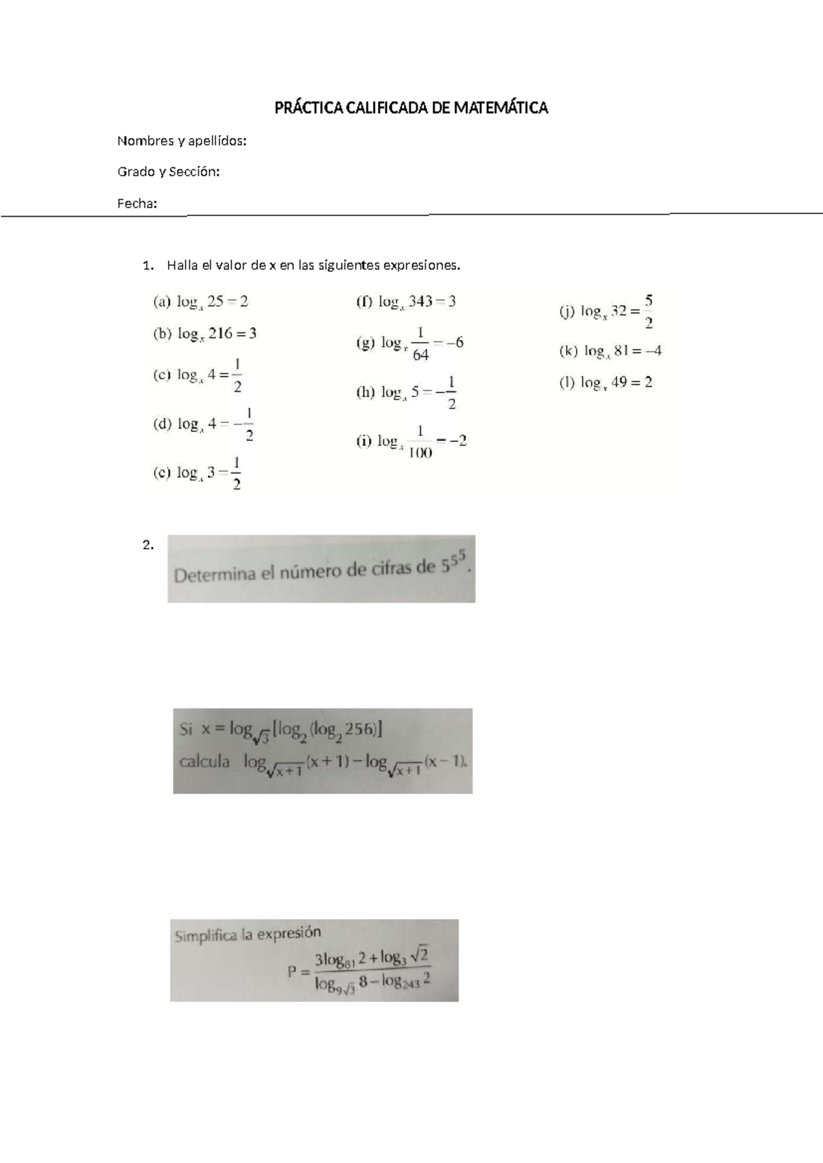 Práctica DE Logaritmos - Matematica - PRÁCTICA CALIFICADA DE MATEMÁTICA ...