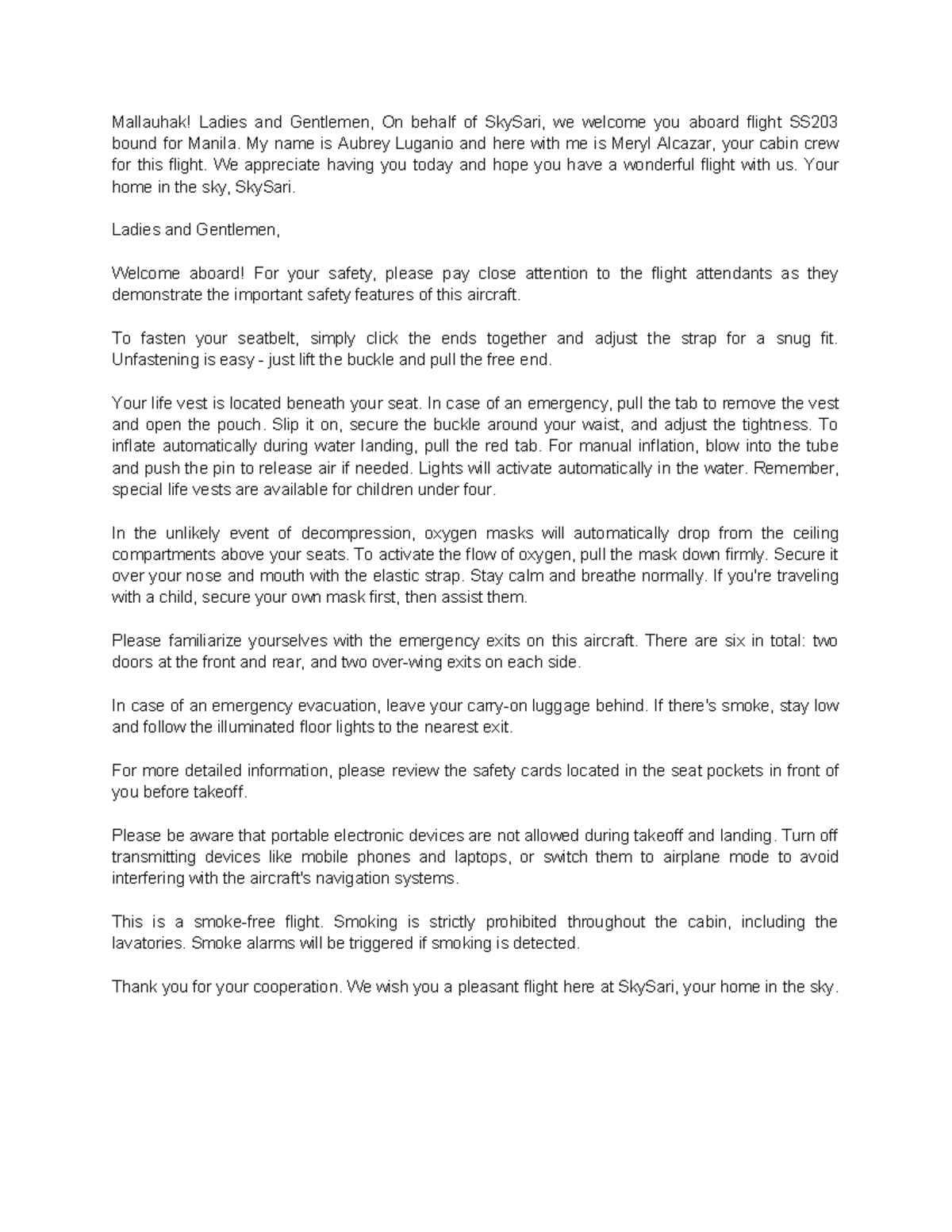 SkySari Flight Attendant Safety & Emergency Script - Studocu