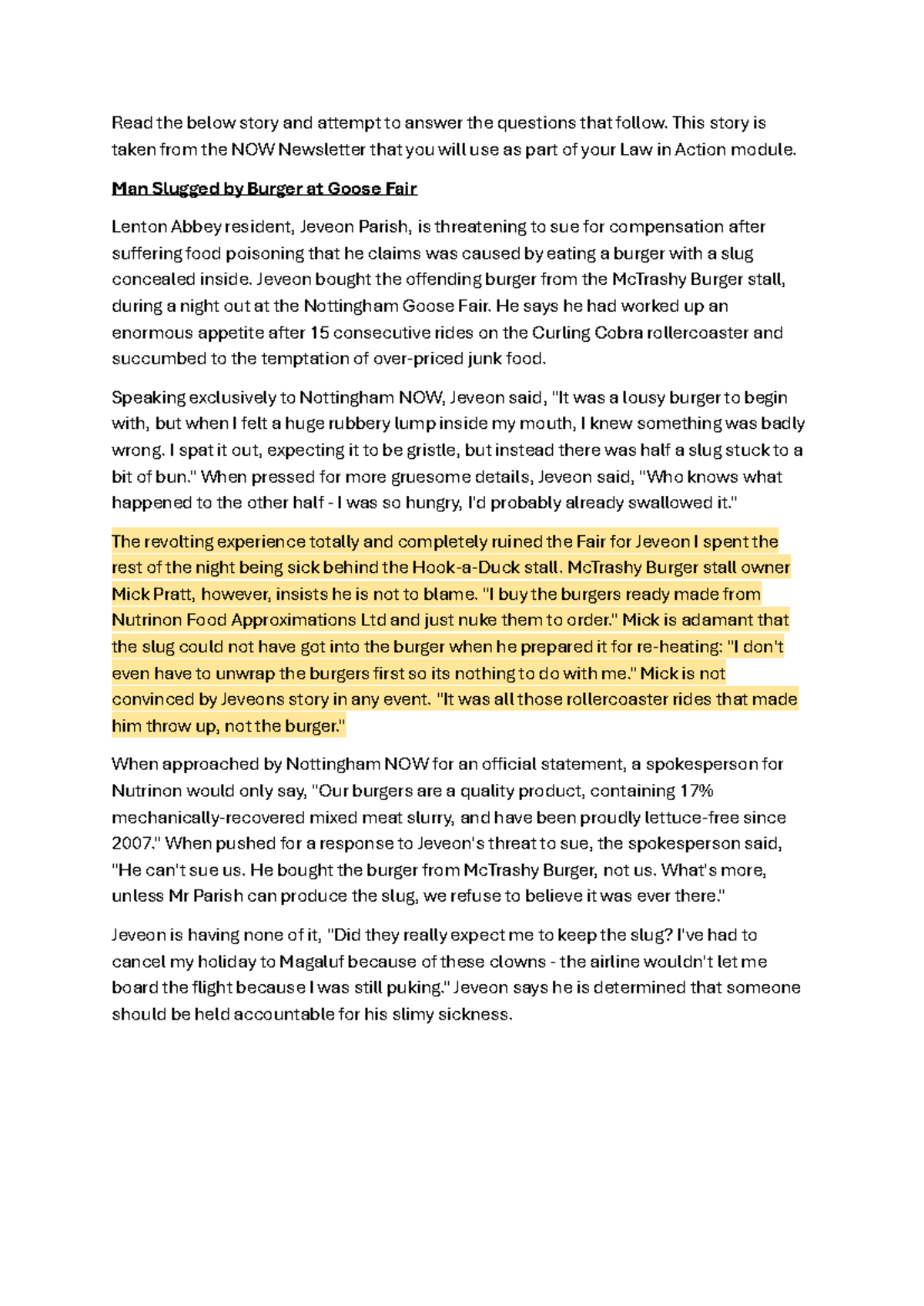 Induction Task Reading: Food Poisoning Case Study in Law (LAW101) - Studocu