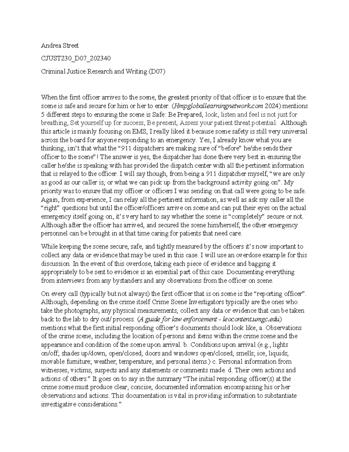 CJUST230_D07_ Responsibilities of First Officer at Crime Scenes - Studocu