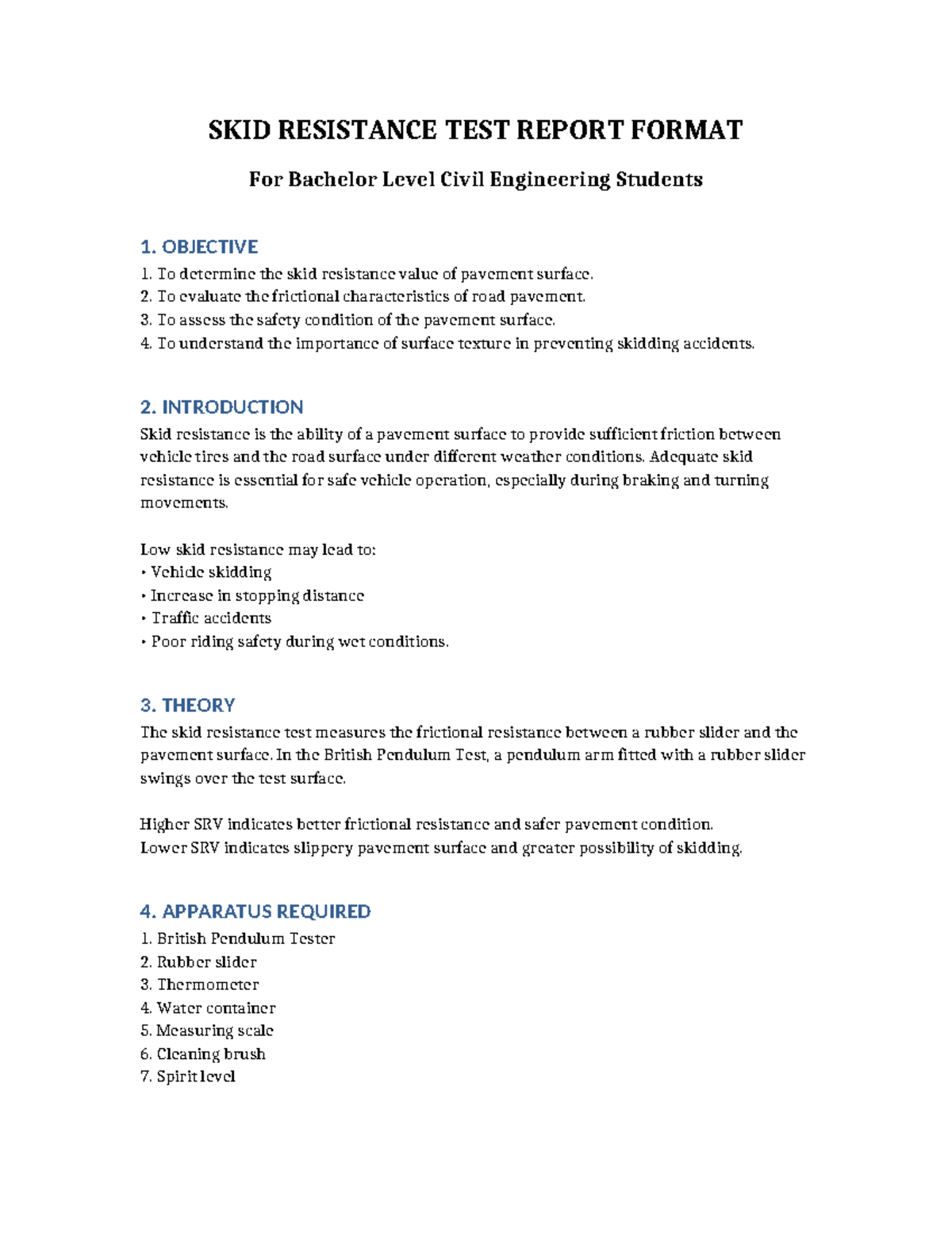 SKID RESISTANCE TEST REPORT FORMAT for Civil Eng. Students - Studocu