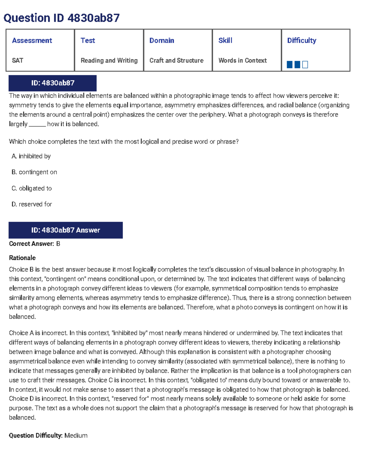 SAT Reading and Writing: Words in Context Assessment Test (Medium ...
