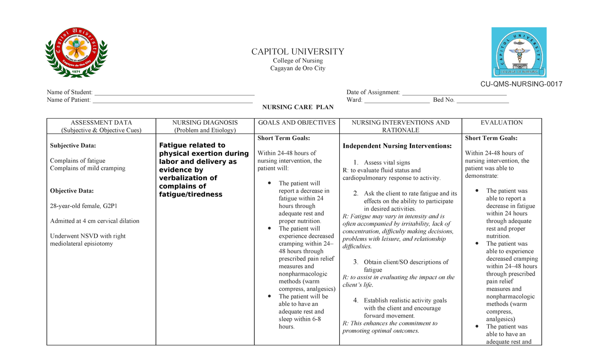 NCP2- Fatigue - Nursing Care Plan - CAPITOL UNIVERSITY College of ...